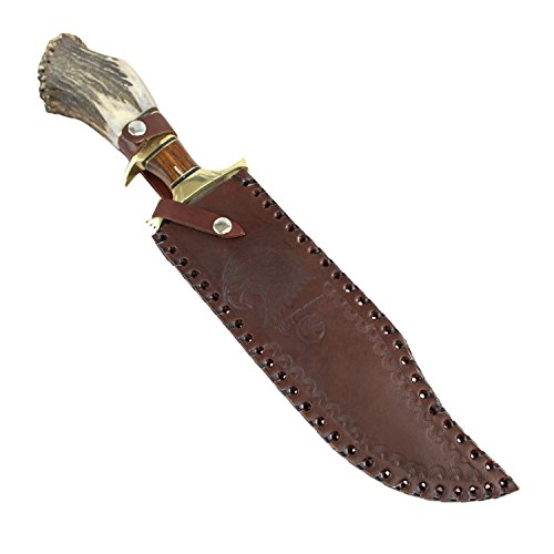 HUNT-DOWN 17" Damascus Steel Real Stag Horn Handle Hunting Knife Hand Made With Leather Sheath