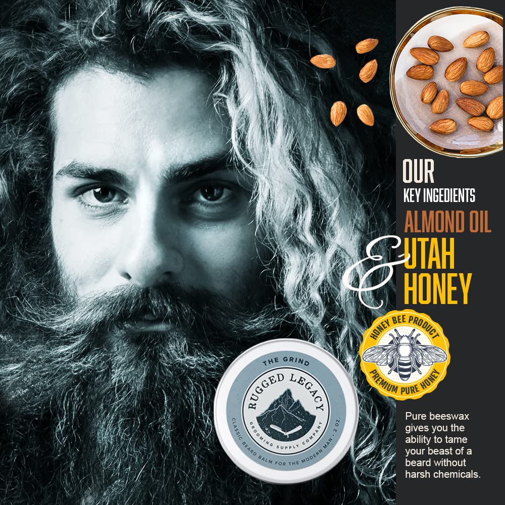Rugged Legacy - Beard Balm, The Grind 2oz Beard Balm for Men, Scented Beard Balm with Notes of Coffee & Fresh Bergamot, Beard Balm Made with Natural Oils that Enrich Your Entire Beard - Roots To End