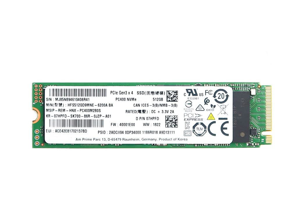 Solid State Drive 7HPFD 07HPFD KR-07HPFD Compatible Replacement Spare Part for Dell SK Hynix PC400 HFS512GD9MNE 512GB PCI Express 3.0 x4 TLC NVMe M.2 2280 Internal SSD