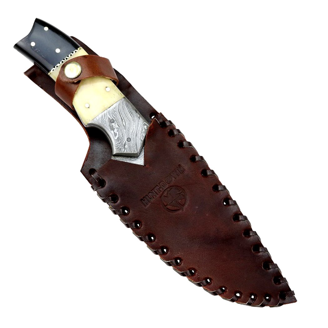 HUNT-DOWN 9.5" Damascus Blade Horn Handle Hunting Knife with Leather Sheath
