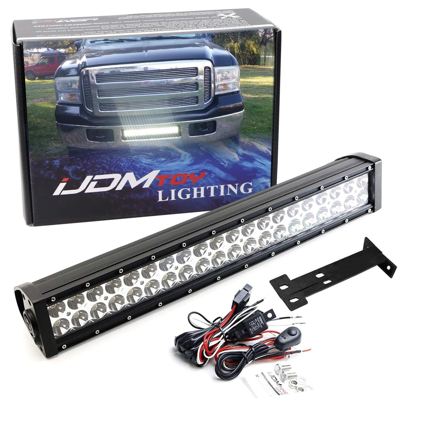 iJDMTOY Lower Grille 20-Inch LED Light Bar Compatible with 1999-2007 Ford F250 F350 Super Duty, Includes (1) 120W High Power LED Lightbar, Lower Bumper Opening Mount Brackets & On/Off Switch Wiring