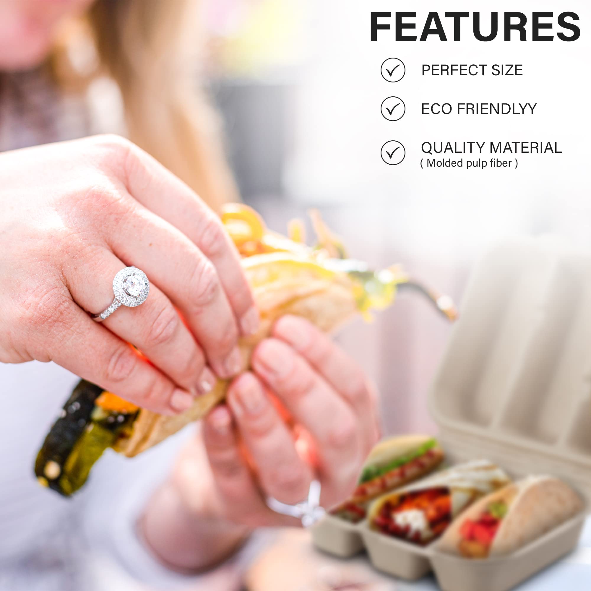 MT Products Taco Container - 15 Pieces Disposable Pulp Fiber 3 Compartment Taco Holder with Lid - Size 8β x 7β x 3" Keeps Taco Upright