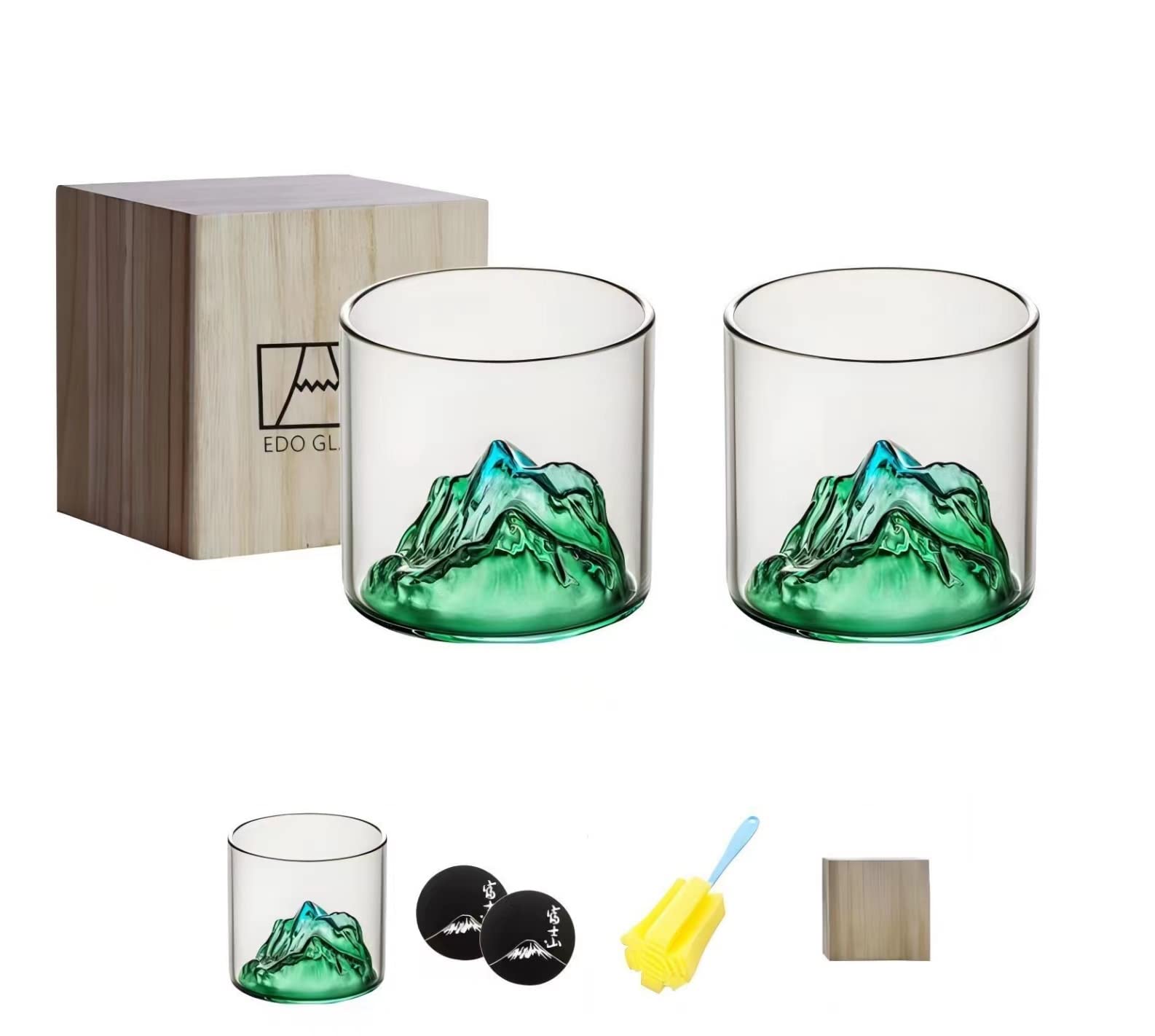 Mt. Fuji Rock Glass, Tumbler Glass, Set of 2, Chiri's Eyama Glass, Whiskey Glass, Beer Glass, Wedding, Father's Day, Mother's Day, Overseas Gift, Paulownia Box
