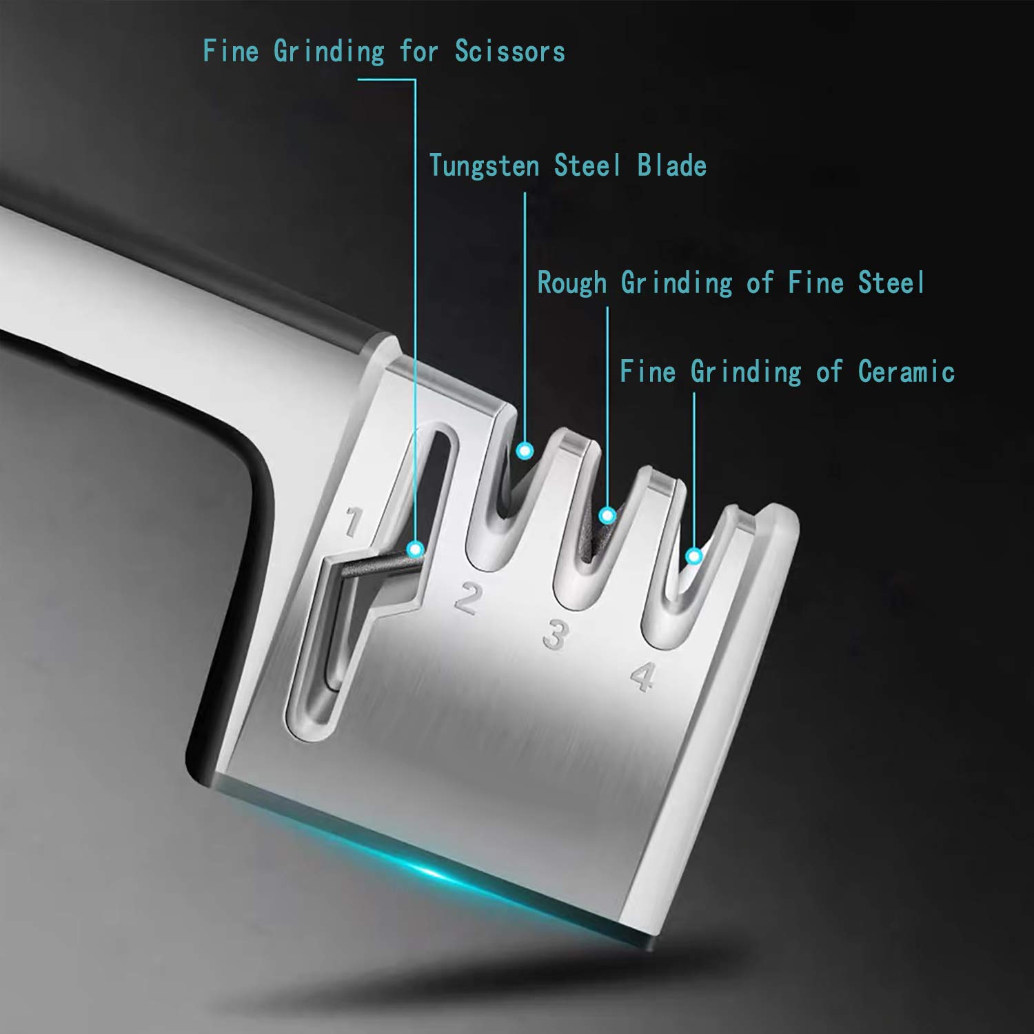 Kitchen Knife Sharpener-Upgraded 4 in 1 Sharp Knives and Scissor Sharpener 4 Stages Professional Manual Sharpening Tool, User-Friendly Handle,Non-Slip Base (Silver)