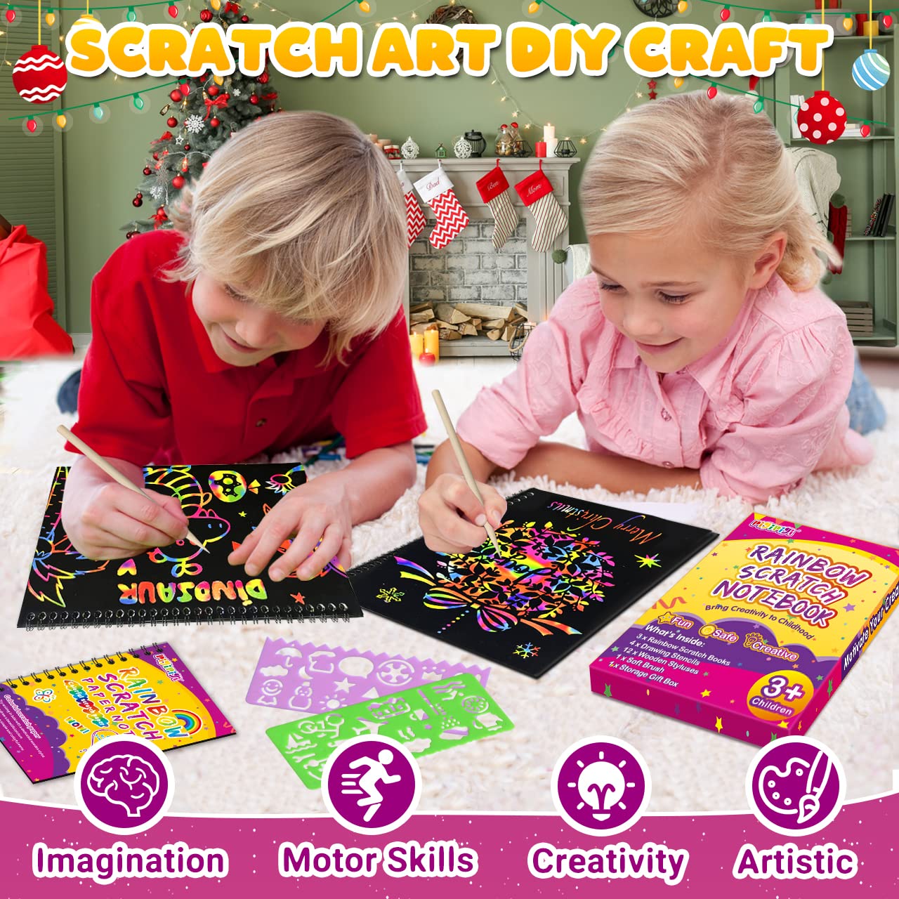 pigipigi 59 Pcs Rainbow Magic Scratch Off Art Crafts & 3 Pack Upgraded Rainbow Scratch Paper Notebook Black Magic Color Drawing Supplies Toy Set for 3-12 Year Old Boys Girls