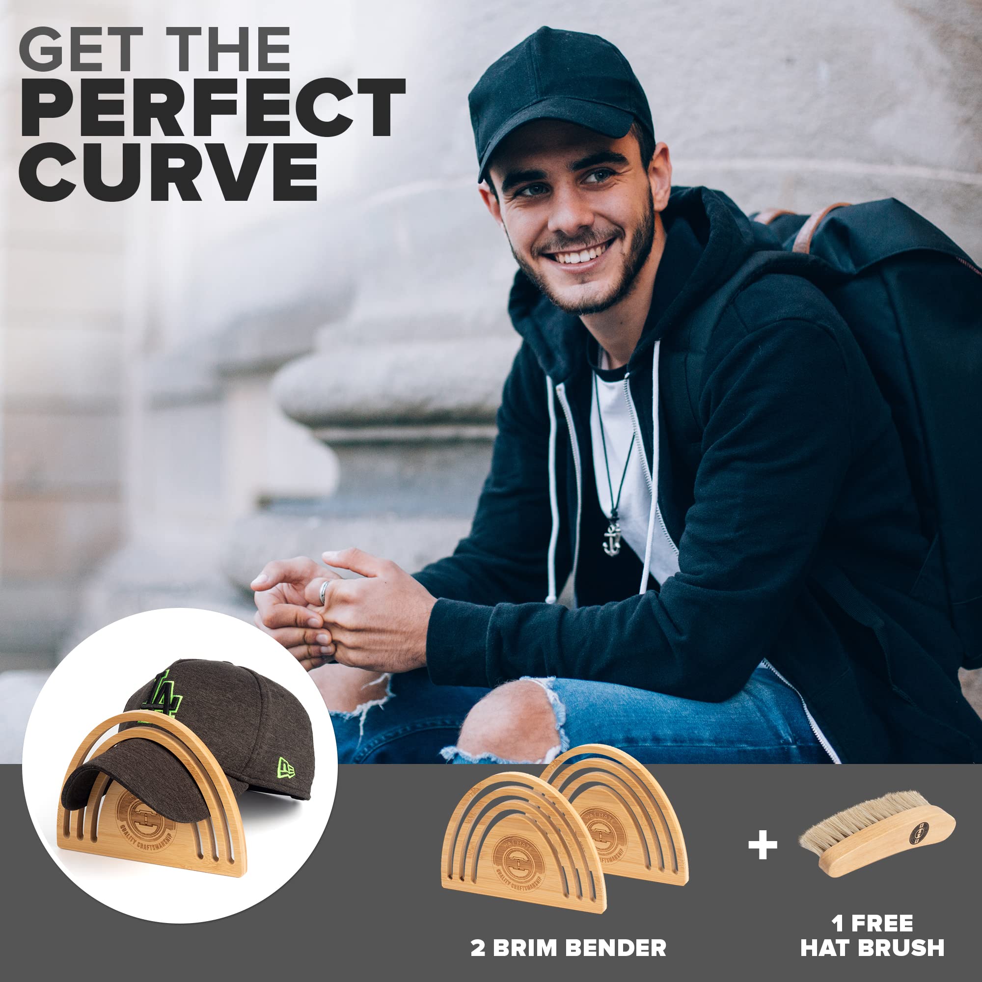 Premium Hat Brim Bender, FREE Hat Brush with 2 Bill Bender Tools, Bamboo Design with 3 Shaper Options, Steaming Optional, Hat Curving Band, Baseball Cap - US Patent Pending