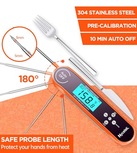 Nycetek Digital Cooking Thermometer, Accurate & Waterproof Instant Read Meat Thermometer with Backlit, Calibration, Probe, Food Thermometer for Kitchen, Grilling, Candy, BBQ, Oil Fry, Baking and More