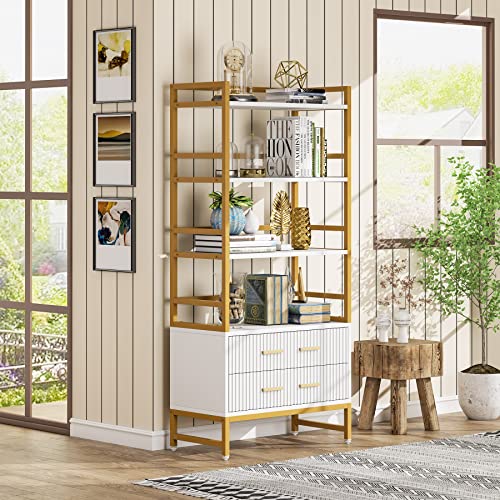 Tribesigns Gold White Bookshelf with 2 Drawers Striped, Tall Ladder Shelf Bookcase with Storage, Modern Bookcases and Book Shelves 4 Shelf Organizer, Metal Wood Book Shelving Unit for Bedroom, Office