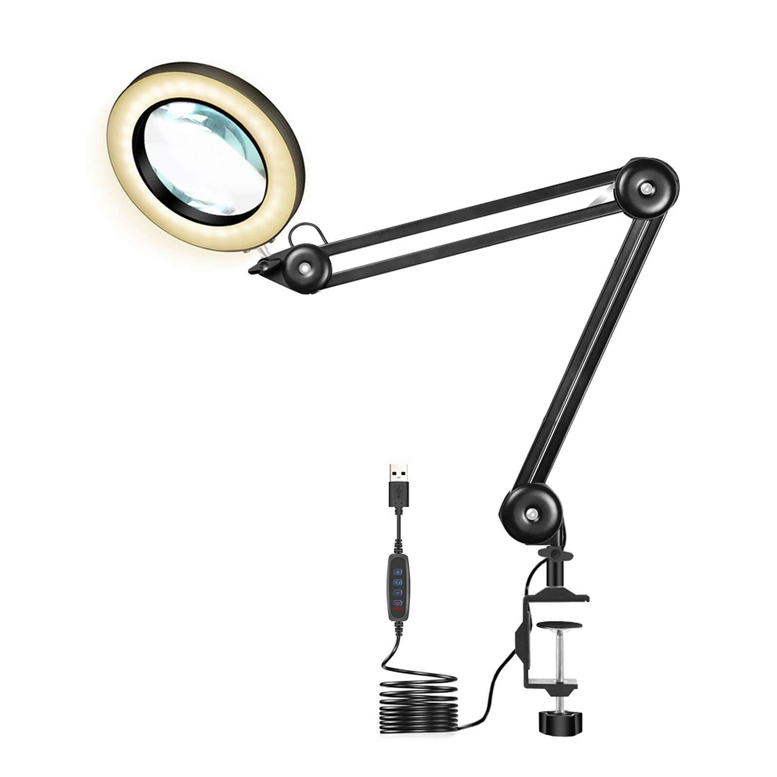 LED Magnifying Lamp - 3 Color Modes, Stepless Dimming,5-Diopter, 4.1" Diameter Glass Lens, Adjustable Swivel Arm Lighted Magnifier Light for Workbench Reading Craft Close Work