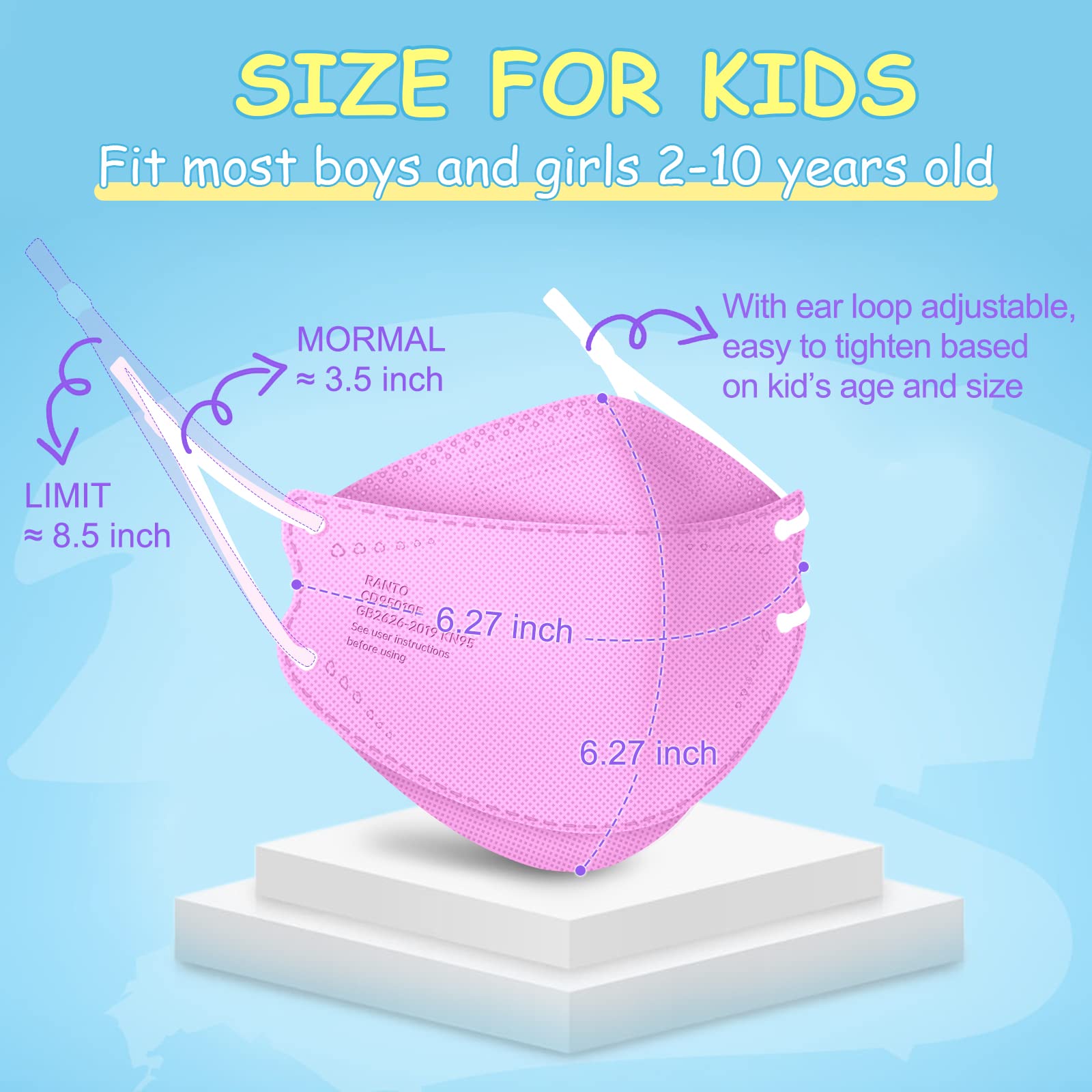 RANTO Kids KN95 Masks for Children 50 Pack, KN95 Mask 4-Ply with Ear Loop Adjuster, Against PM2.5 Dust for Girls Boys
