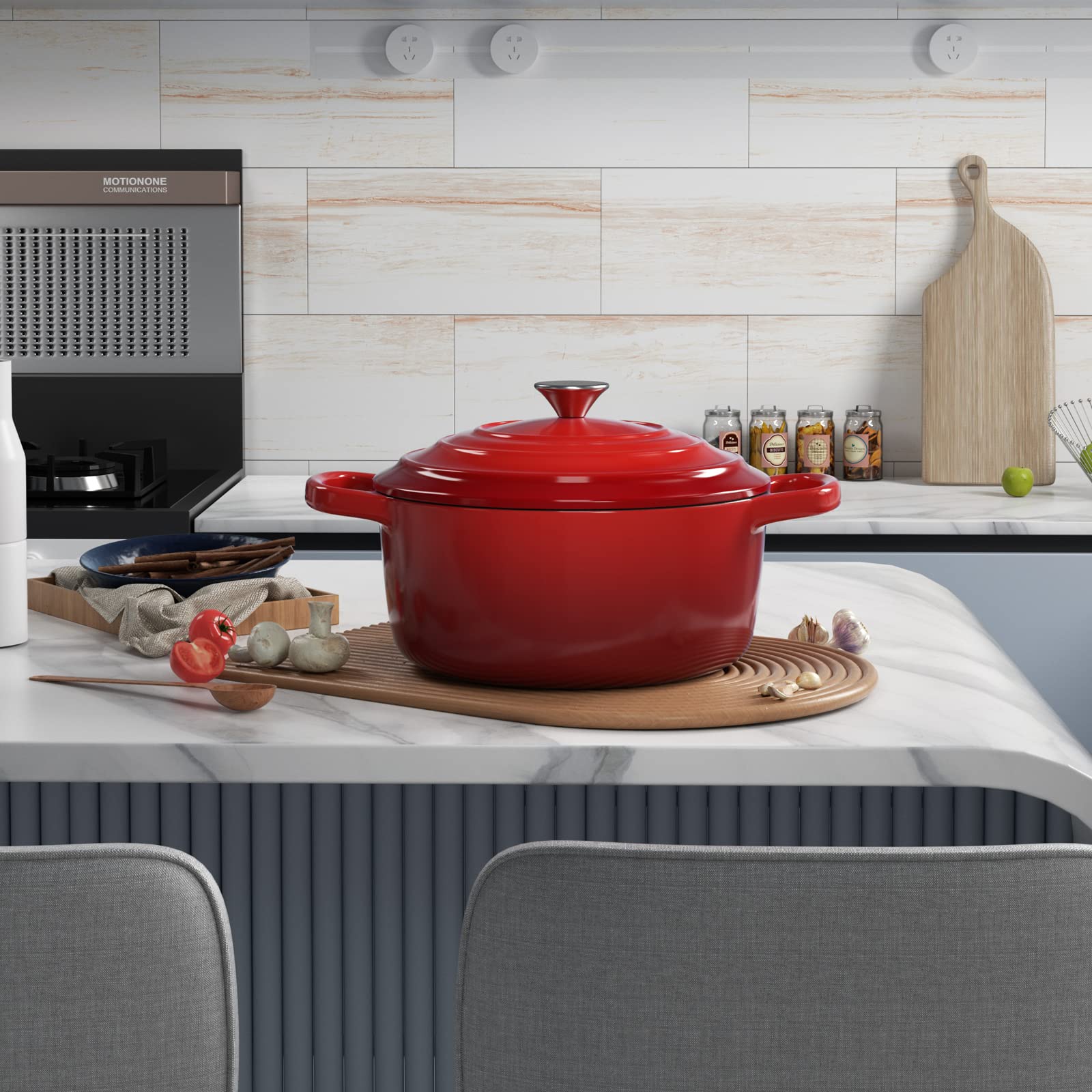 Miereirl 6 QT Enameled Dutch Oven Pot with Lid, Cast Iron Dutch Oven with Dual Handles for Bread Baking, Cooking, Non-stick Enamel Coated Cookware (Red)