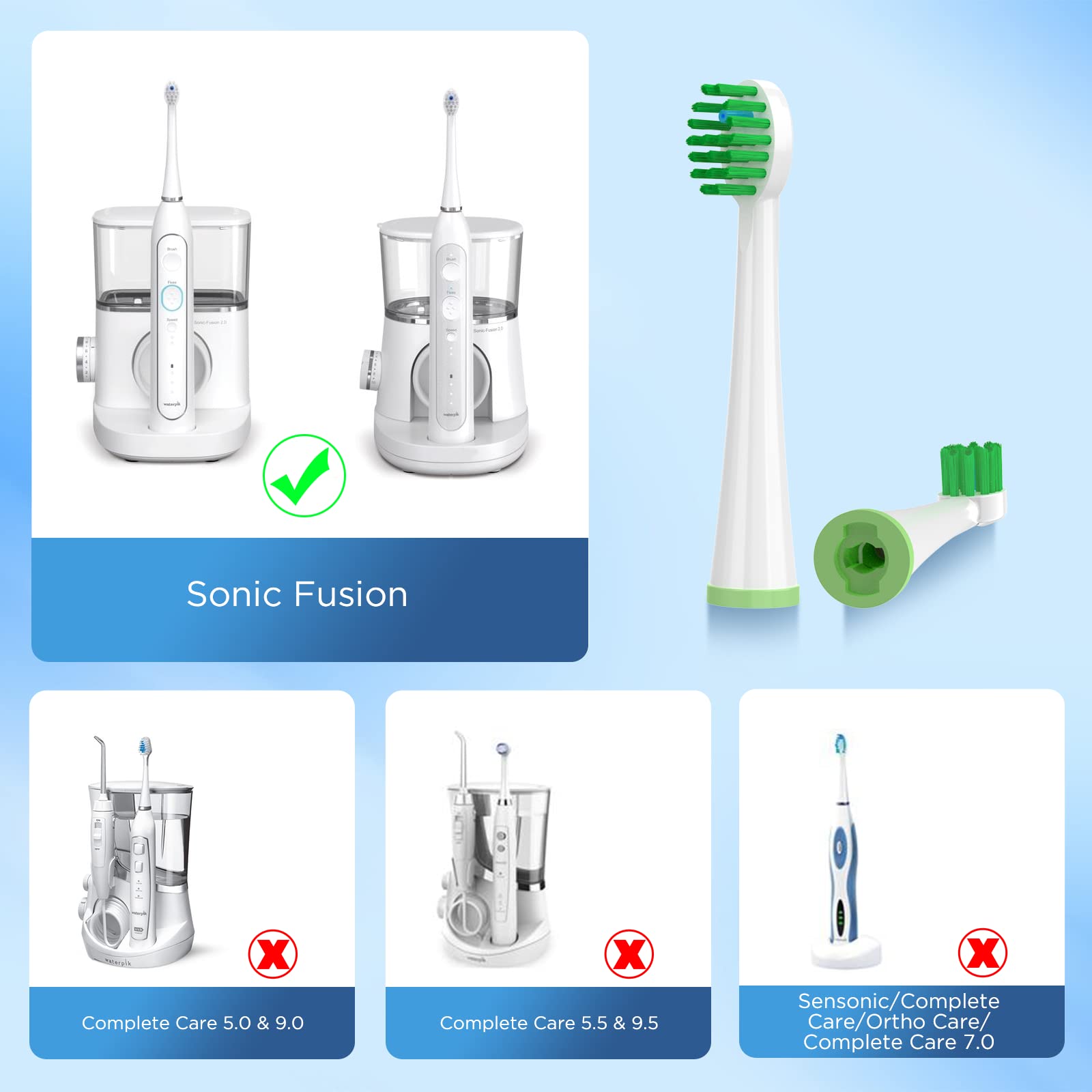 Replacement Toothbrush Heads for Water Pik Sonic Fusion (SF-01 / SF-02 / SF-03 / SF-04), Compact, with Covers, 3 Count, White