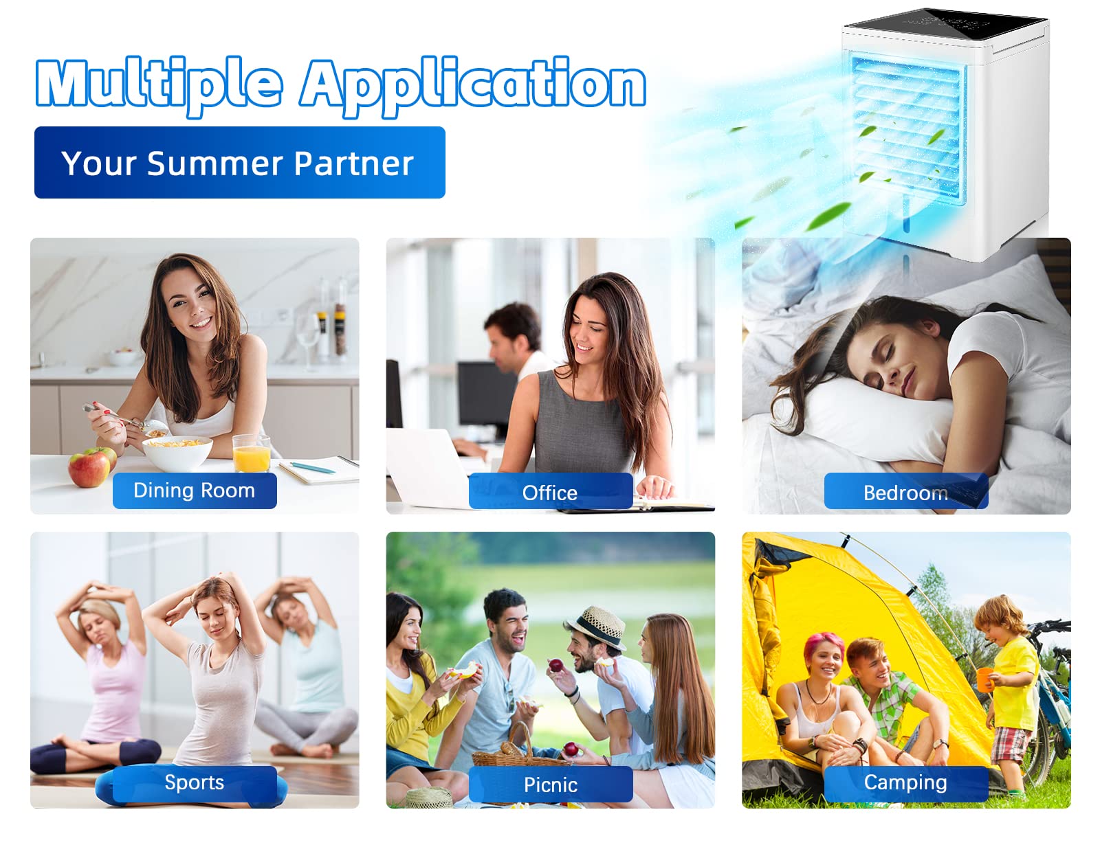Portable Air Conditioners Fan, Evaporative Air Cooler with 3 Speeds 3 Timers, Personal Mini Air Cooler Touch Screen Desktop Cooling Fan with Large Water Tank for Home Room Office Camping Car