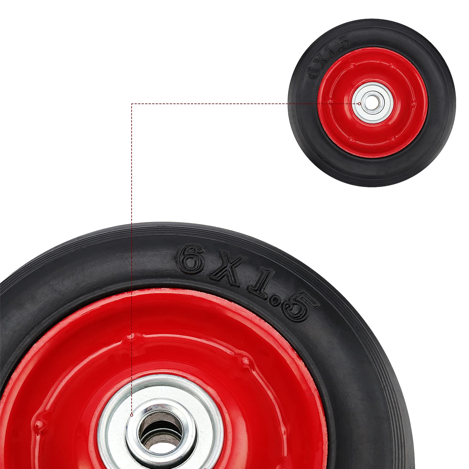 MOUYAT 4 Pack 6 Inch Flat Free Solid Rubber Replacement Tires, Rubber Hand Truck Wheel with 5/8 Inch Axle Size, Heavy Duty Solid Rubber Wheels for Hand Truck, Dolly, Wheelbarrows