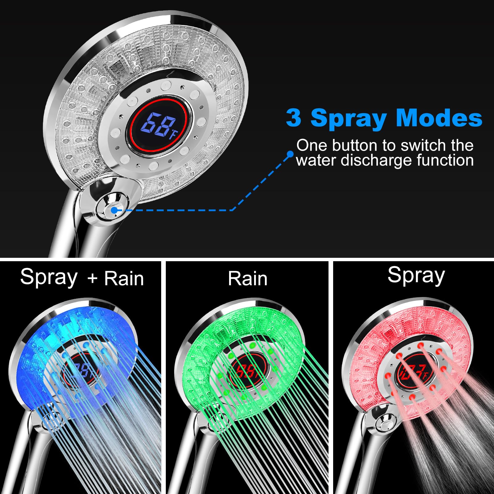 LED Shower Head Color Changing, Handheld Shower Head High Pressure with Hose, Water Saving Spray Showerheads, Discoloration Warning, Water Temperature Display, 3 Spray Modes, Easy to Install, Chrome