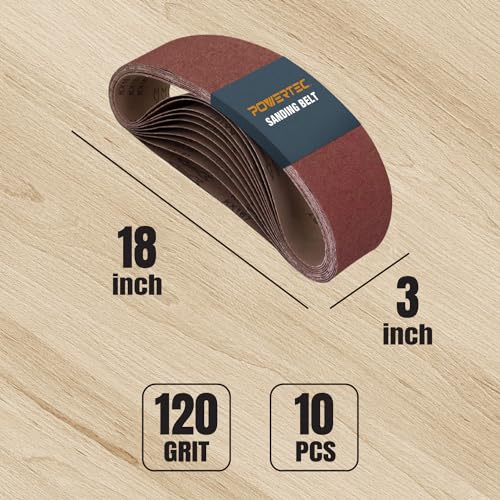 POWERTEC 110830 3 x 18 Inch Sanding Belts, 120 Grit Aluminum Oxide Belt Sander Sanding Belt for Portable Belt Sander, Wood & Paint Sanding, Metal Polishing, 10PK