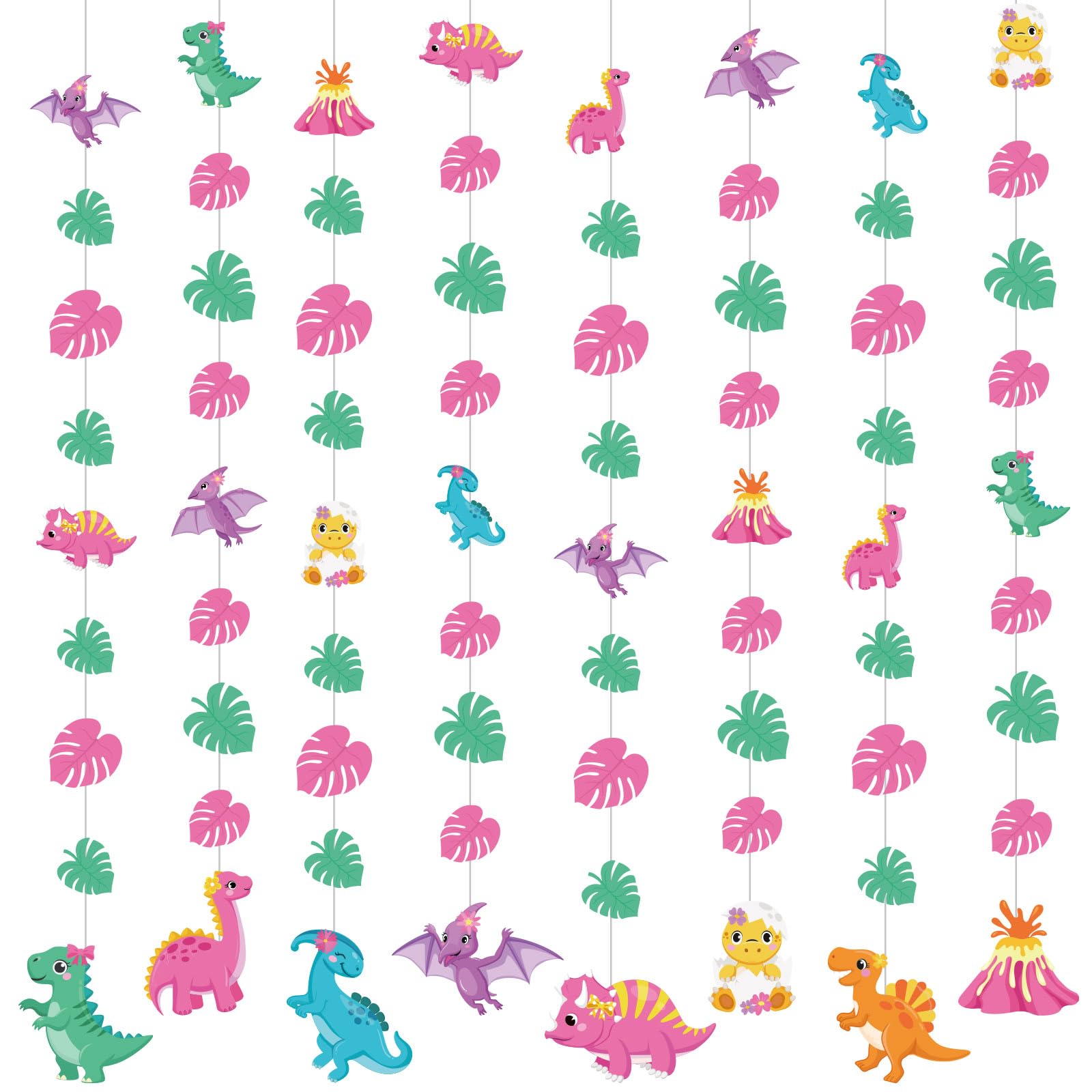 Sinload 8 Pieces Girls Dinosaur Party Decorations Pink Dinosaur Garlands Watercolor Dino Paper Cutouts Hanging Banner Decor for Girls Dinosaur Birthday Theme Baby Shower Wedding Party Supplies