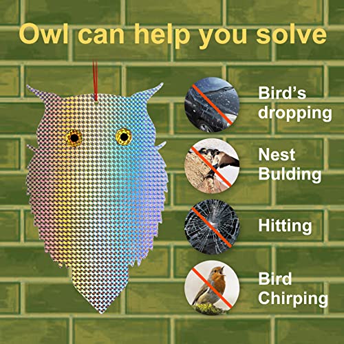 OFFO Owl Decoy to Scare Birds Away (No Bells) Bird Deterrent Device for Woodpecker Pigeon 2 Pcs Plastic Hanging Outdoors Reflective Keep Birds Away Home and Garden