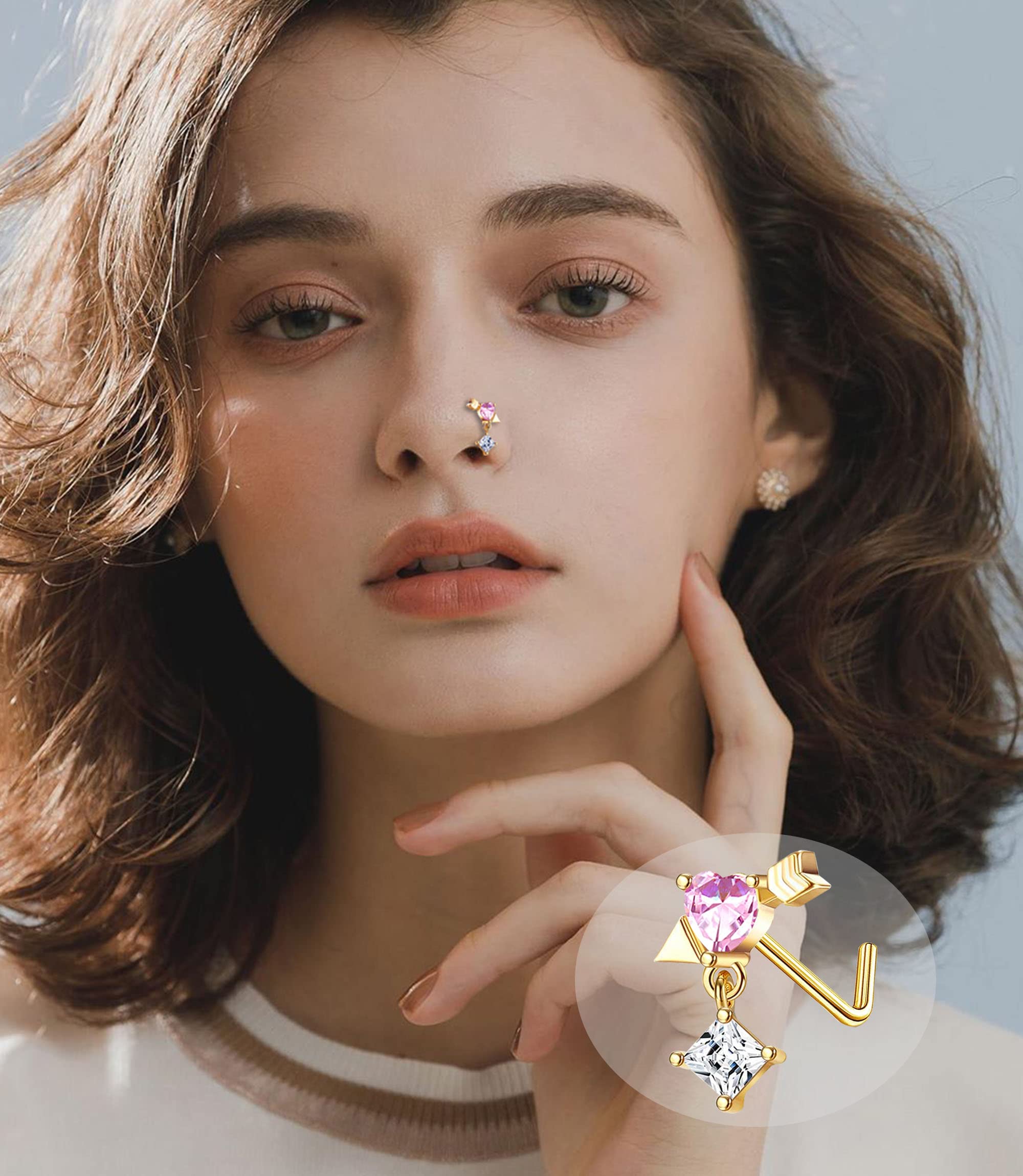 MJust 20G Dangle Nose Ring L Shaped Dangling Nose Stud for Women Stainless Steel Nose Ring Studs CZ Flower Dangle Nose Rings Hoops Nose Piercing Jewelry with Charm(Gold)