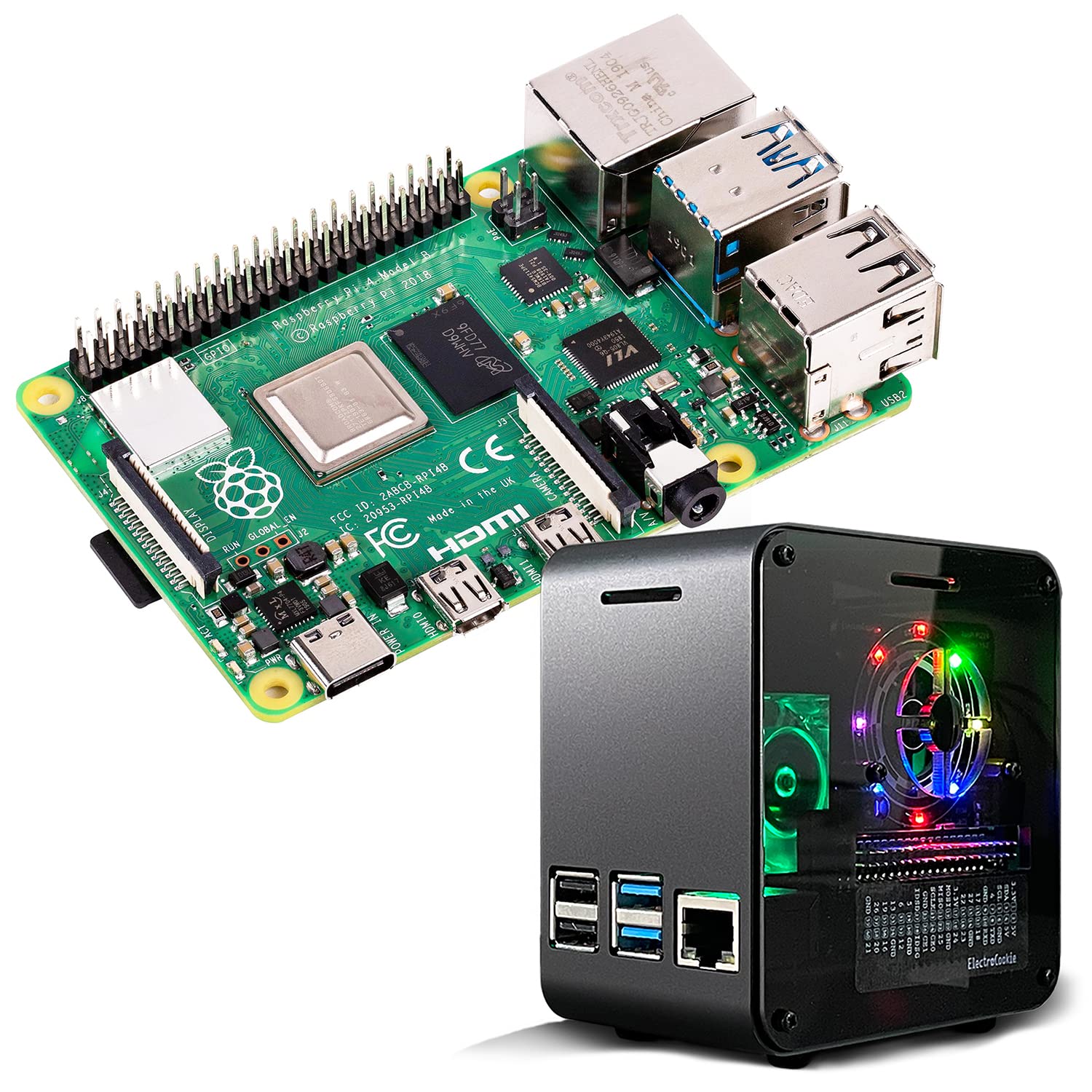 Raspberry Pi 4B (4GB) Board with Mini Tower Aluminum Case, Cooling Fan and Color Changing Ambient Light (Matte Black)