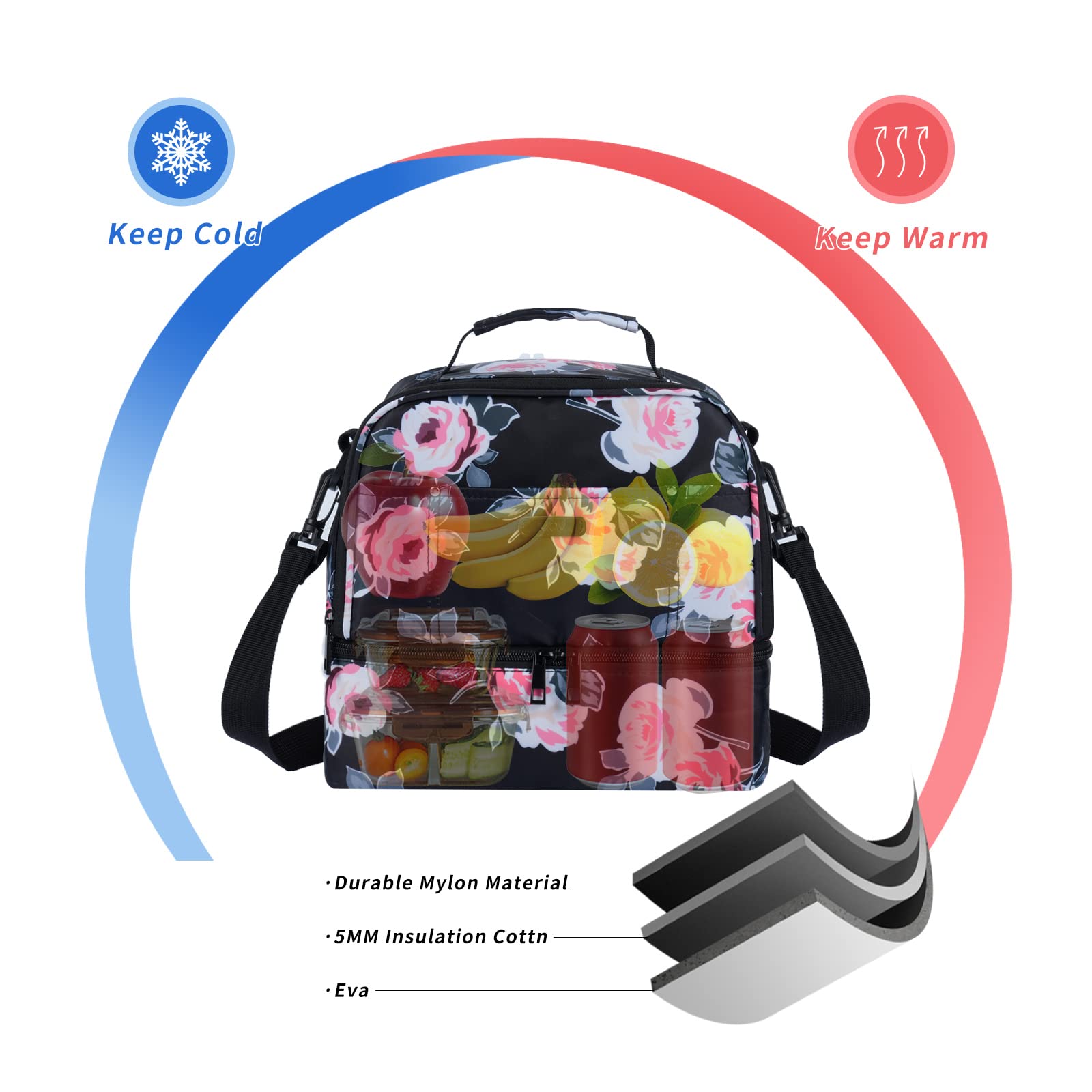 MOV COMPRA Movcompra Lunch Bag Women Flower Insulated Lunch Box for Work Double Deck Lunch Bag for Women