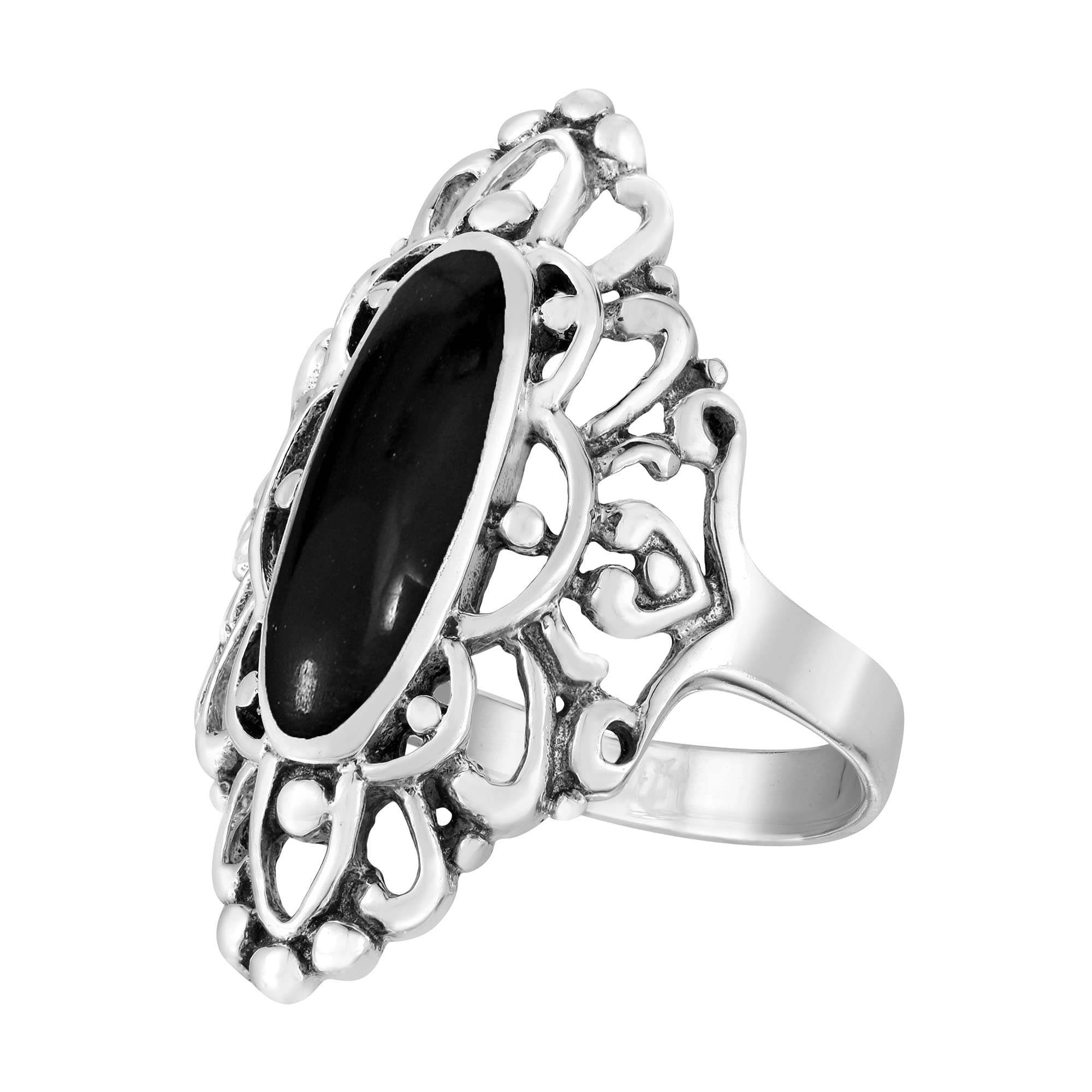 Heart Filigree Oval Simulated Black Onyx .925 Sterling Silver Ring (10)