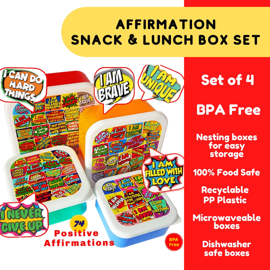Kids Lunch Box Set, Snack Box, BPA Free Plastic Storage Boxes, Kids Snack Pots, Kids Lunch Box, Great for Picnics, Meal Prep, Mindfulness, Positive Affirmations (Set of 4)