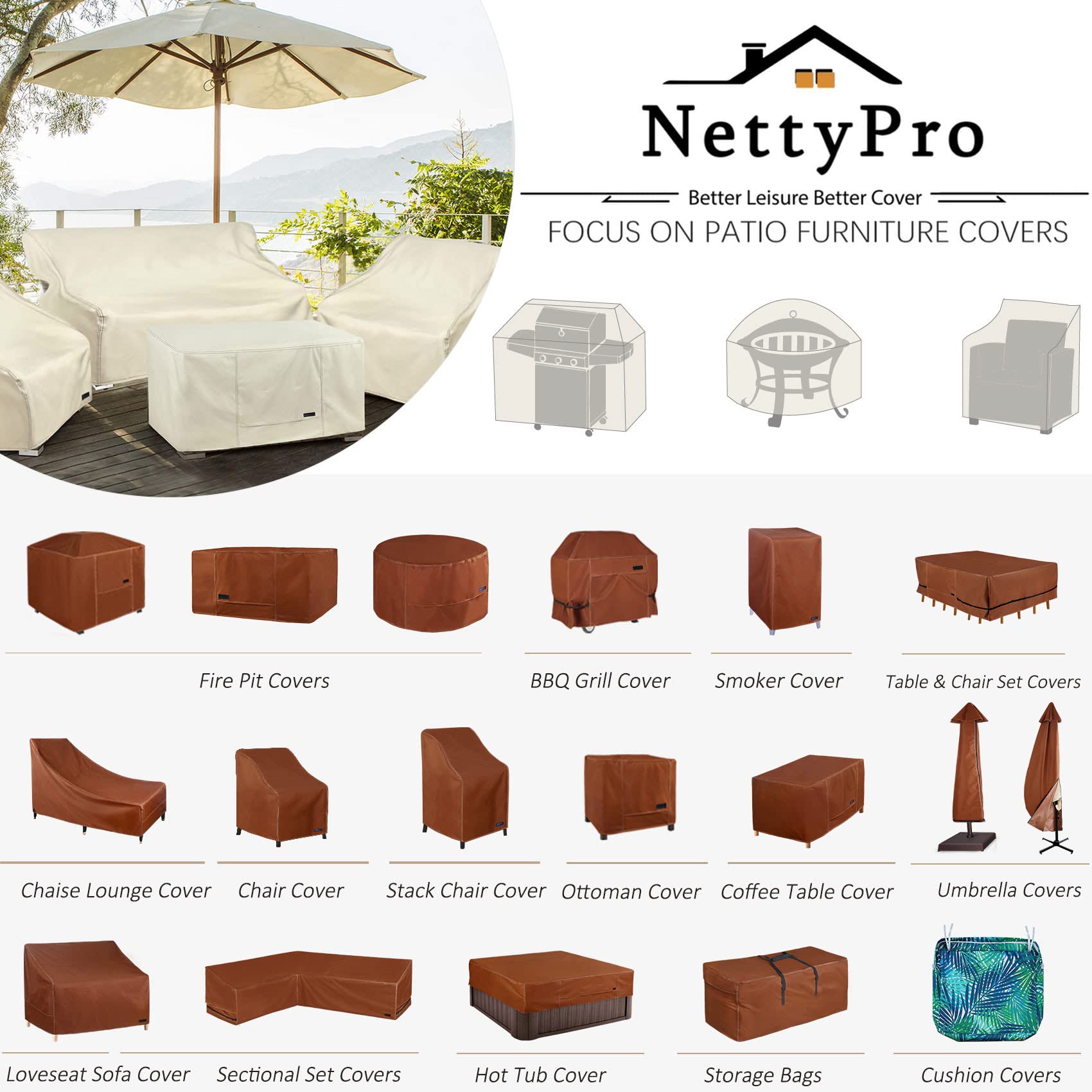 NettyPro Umbrella Cover for 6ft to 9ft Patio Umbrellas, Waterproof and Durable Market Umbrella Parasol Cover with Zipper and Rod, Black