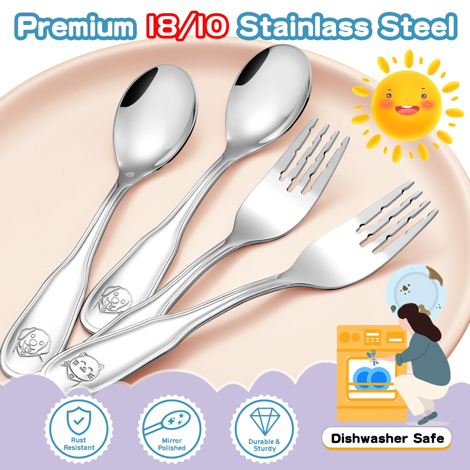 Toddler-Utensils-Kids-Silverware-Set, 8 PCS 18/10 Stainless Steel Toddler Forks and Spoons, Round Edges Children Cutlery Set with Dog & Cat Pattern, Non-slip Fork, Mirror Polished, Dishwasher Safe