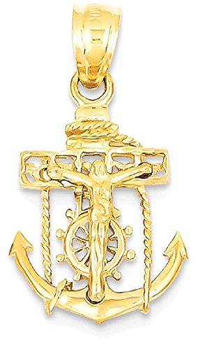 IceCarats 14K Yellow Gold Anchor Mariner Holy Cross Necklace Religious Pendant Jesus Christ Nautical Charm 26mm x 14mm Only