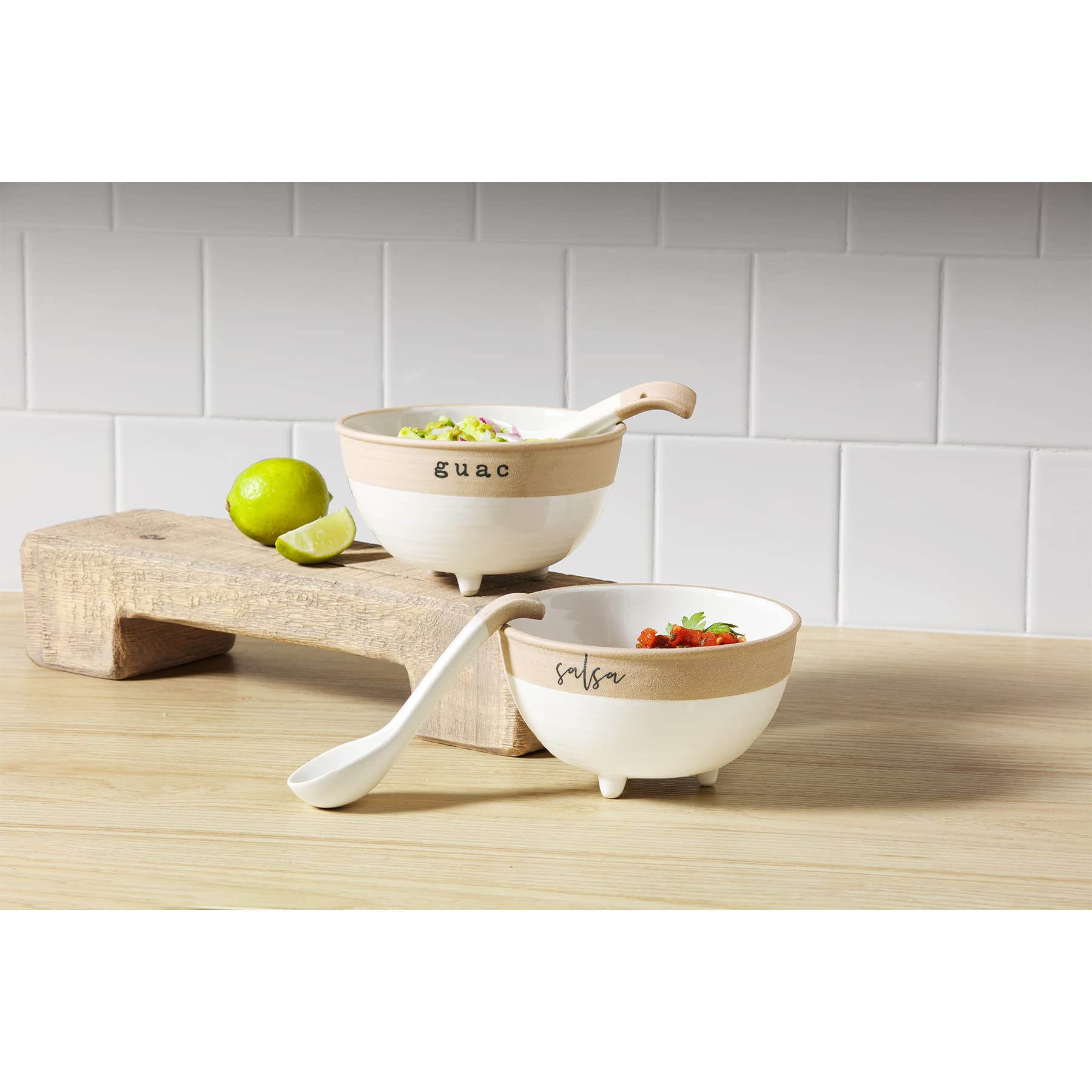 Mud Pie Farmhouse Stoneware Salsa Set, White, bowl 3 1/2" x 6" dia | spoon 6"