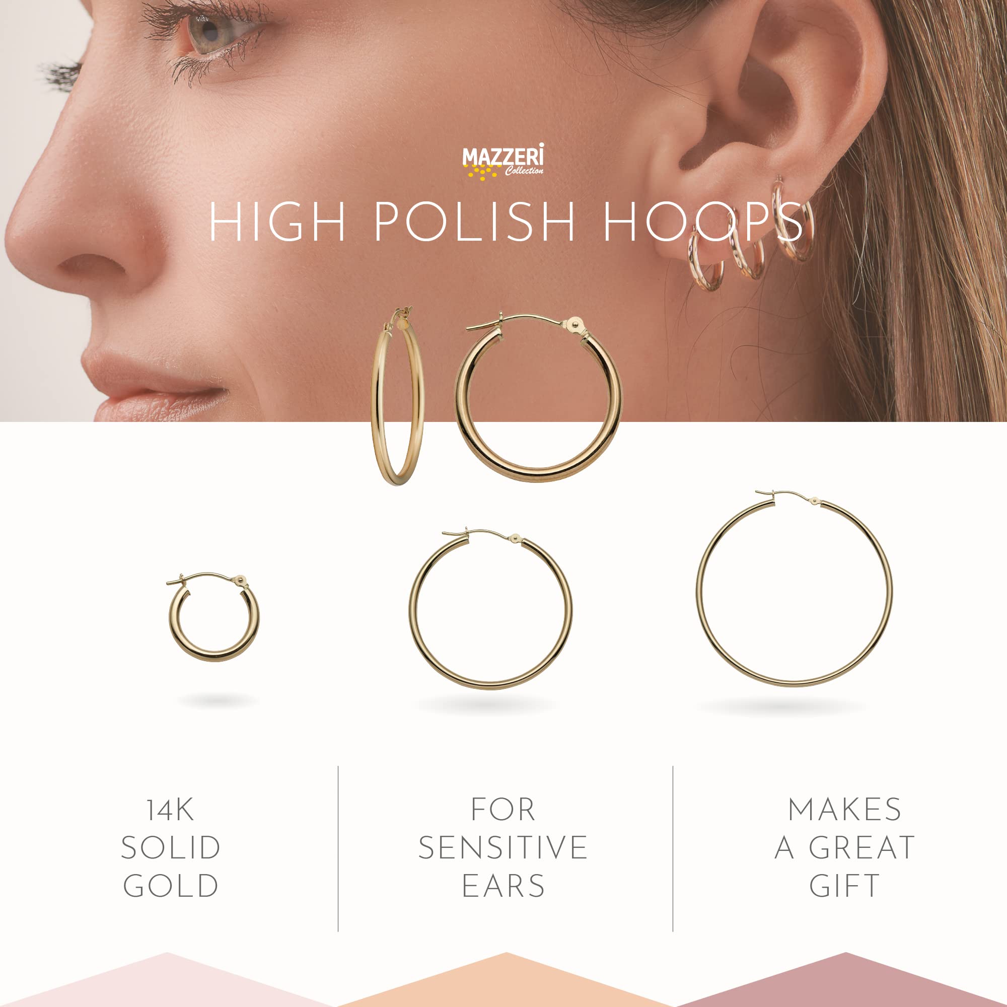 MAZZERI High Polish 14k Gold 2mm Click-Top Closure Hoop Earrings (16mm)