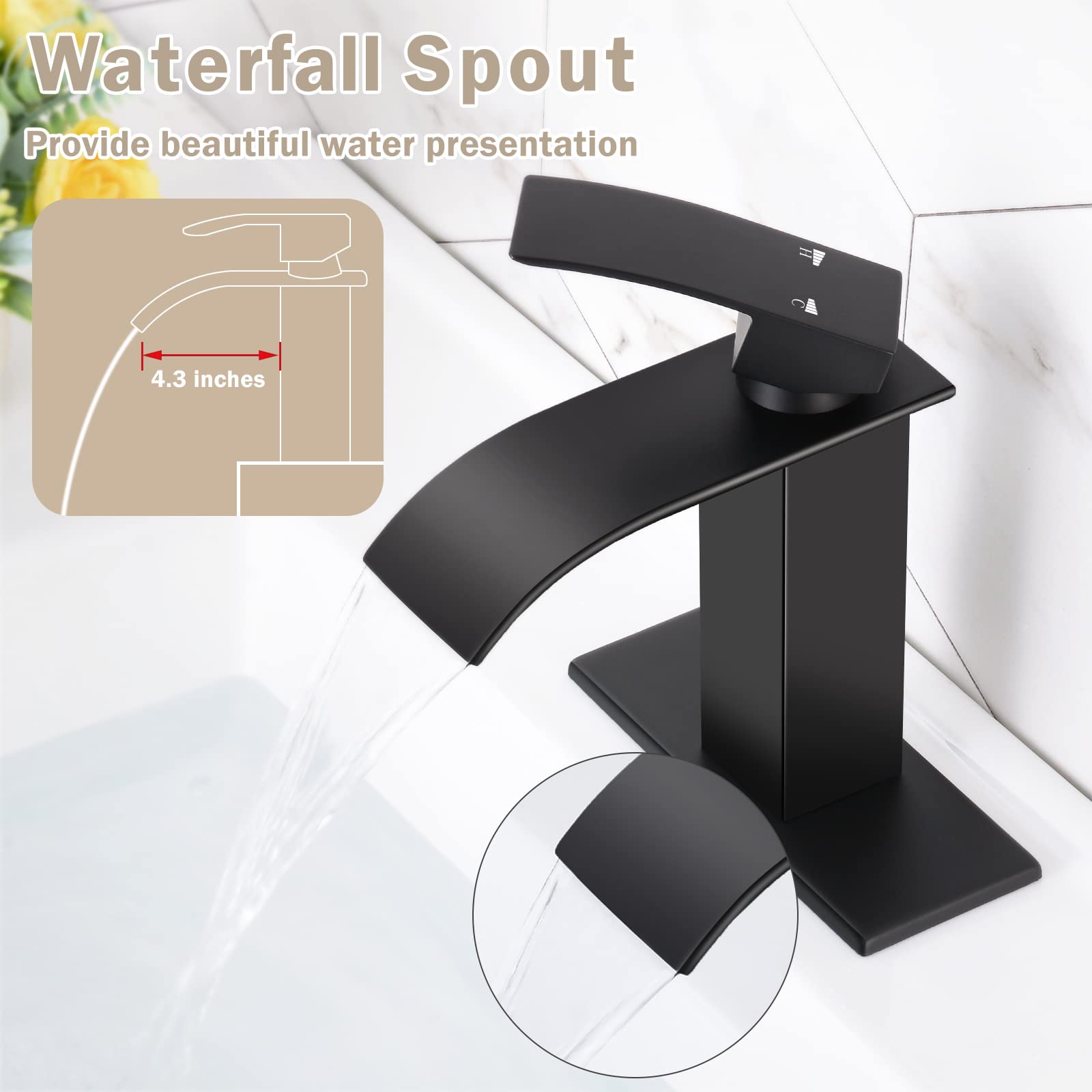 Qomolangma Waterfall Bathroom Faucet, Matte Black Modern Single Handle Bathroom Faucets for 1 or 3 Hole Bathroom Sink Faucet Mixer Tap Washbasin Faucet with Deck, Pop-up Drain and Supply Hoses