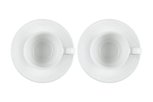 Le Creuset Stoneware Set of 2 Cappuccino Cups and Saucers , 7 oz. each, White
