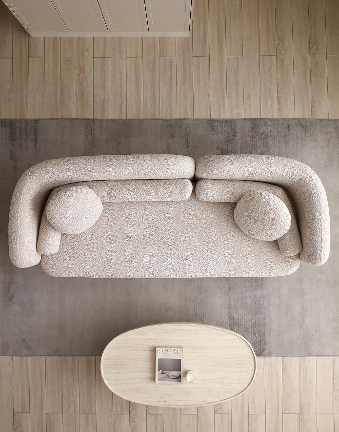 SSC SATISUNCASA Japandi Style Boucle Sofa, Modern Tight Curved Back Sofa, Minimalist Style Comfy Couch for Living Room Apartment (Light Beige + Boucle Tedyy)
