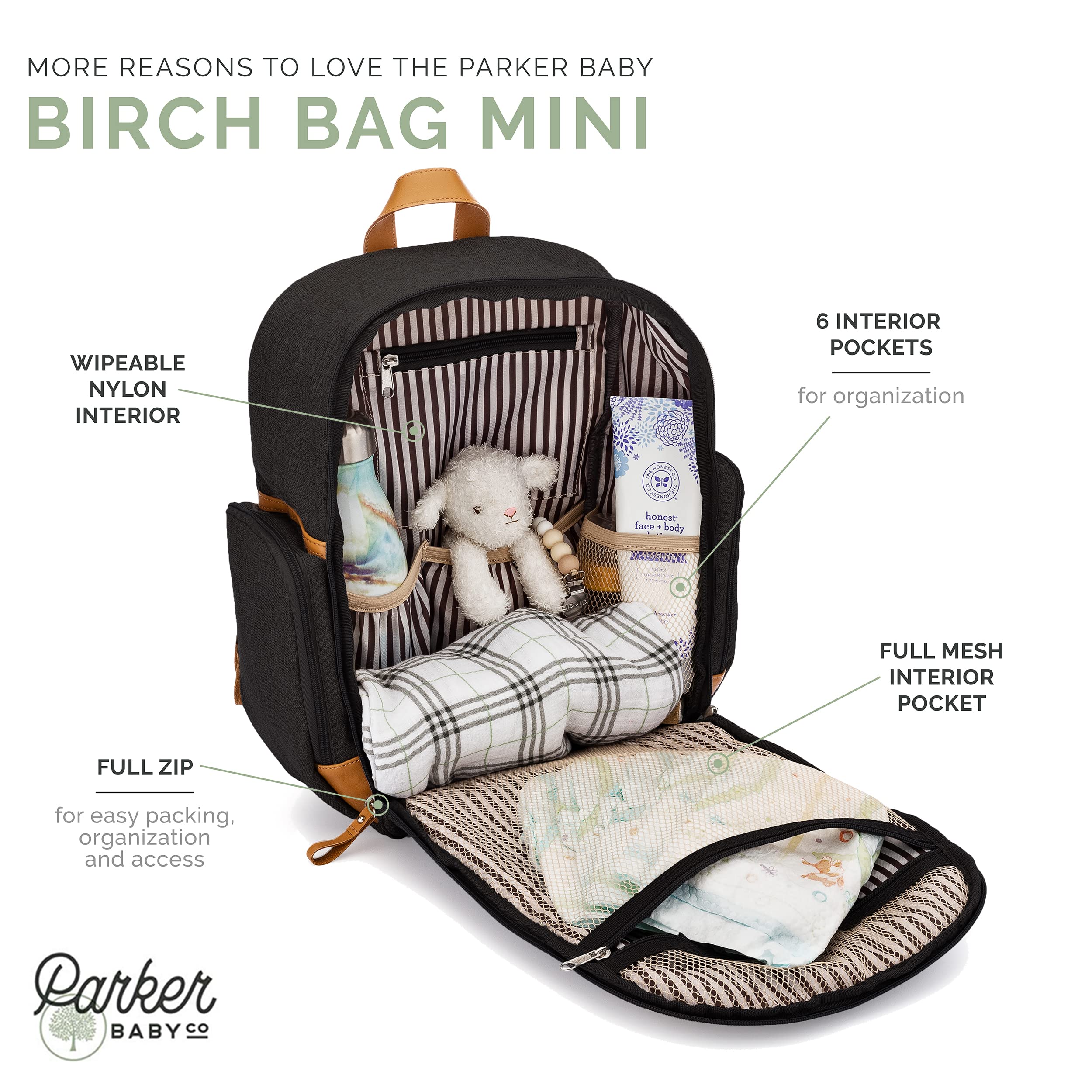 Parker Baby Diaper Backpack - Full Zip Diaper Bag with Insulated Pockets - Black