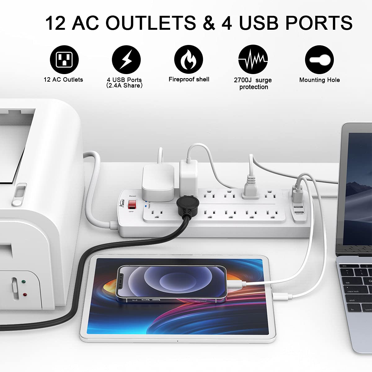 Power Strip,ALESTOR Surge Protector with 12 Outlets and 4 USB Ports, 6 Feet Extension Cord (1875W/15A) for for Home, Office, Dorm Essentials, 2700 Joules, ETL Listed (White)…