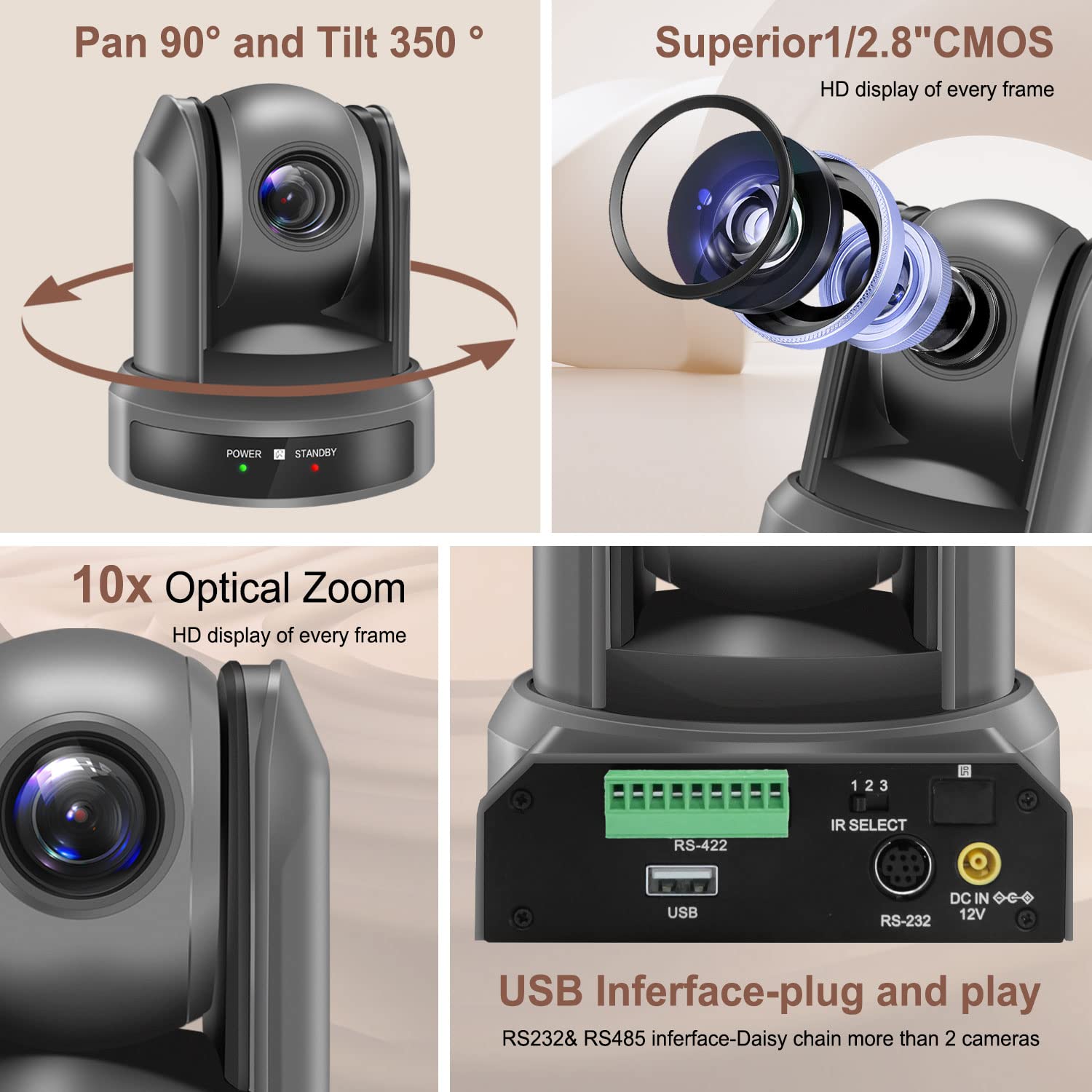 Runpu 10x Optical Zoom PTZ Camera USB Live Streaming Camera Full HD 1080p Video Conference Room Camera, PTZ Webcam for Church, Broadcast,Workshop Service,Zoom Meeting and On-line Education