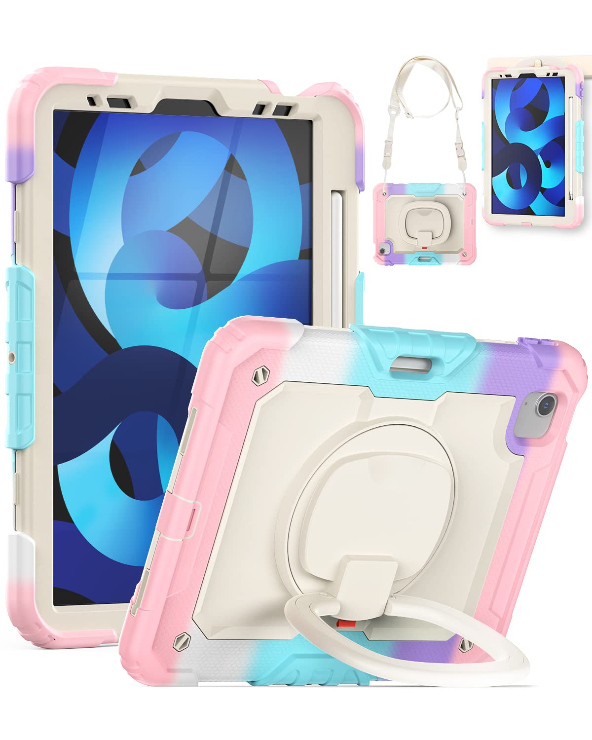 SEYMAC for iPad Air 5th/4th Generation Case, Heavy Duty Protection Shockproof Case with Screen Protector, 360° Hand Grip, Shoulder Strap, Pencil Holder, Case for iPad 10.9 inch, Colorful/Pink