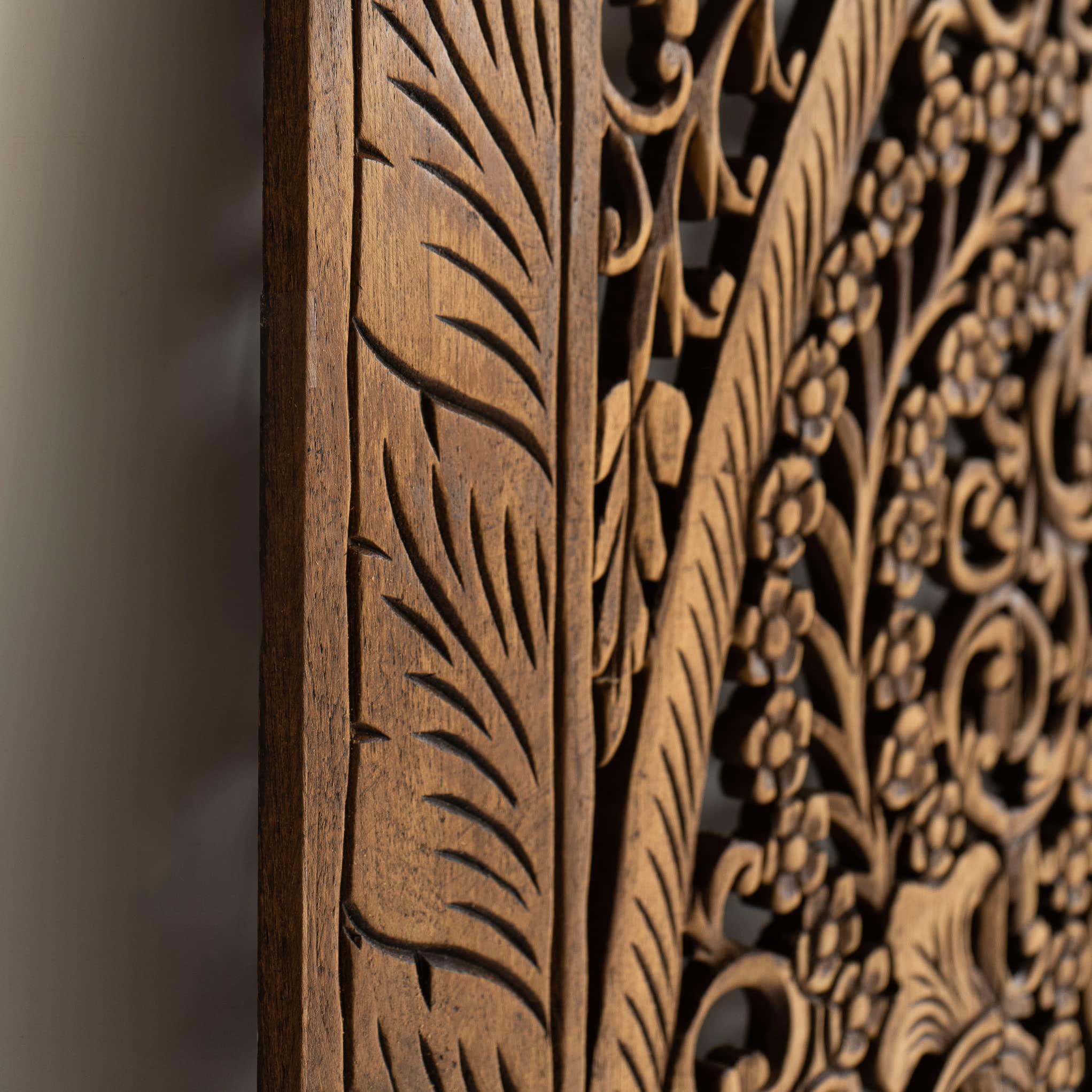 Queen Mandala Head Board Wood, Carve Wall Art Hanging, Reclaim Teak Medallion Panels, Weathered Brown Stain Finishing, 60 inches