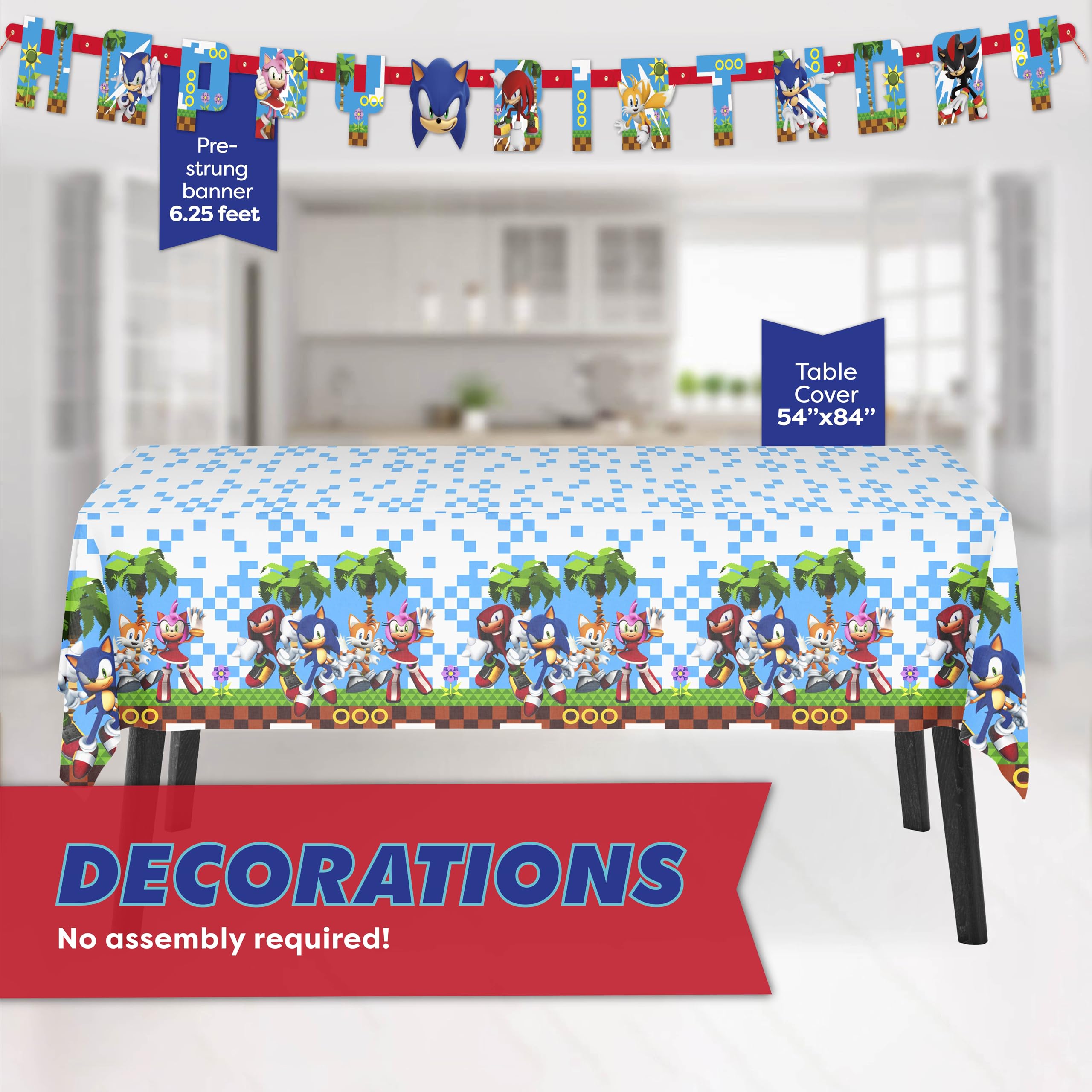 Sonic Birthday Party Decorations for 16 | Banner, Sonic Tablecloth, Sonic Plates and Napkins, Masks, Sticker | Sonic Party Decorations | Officially Licensed