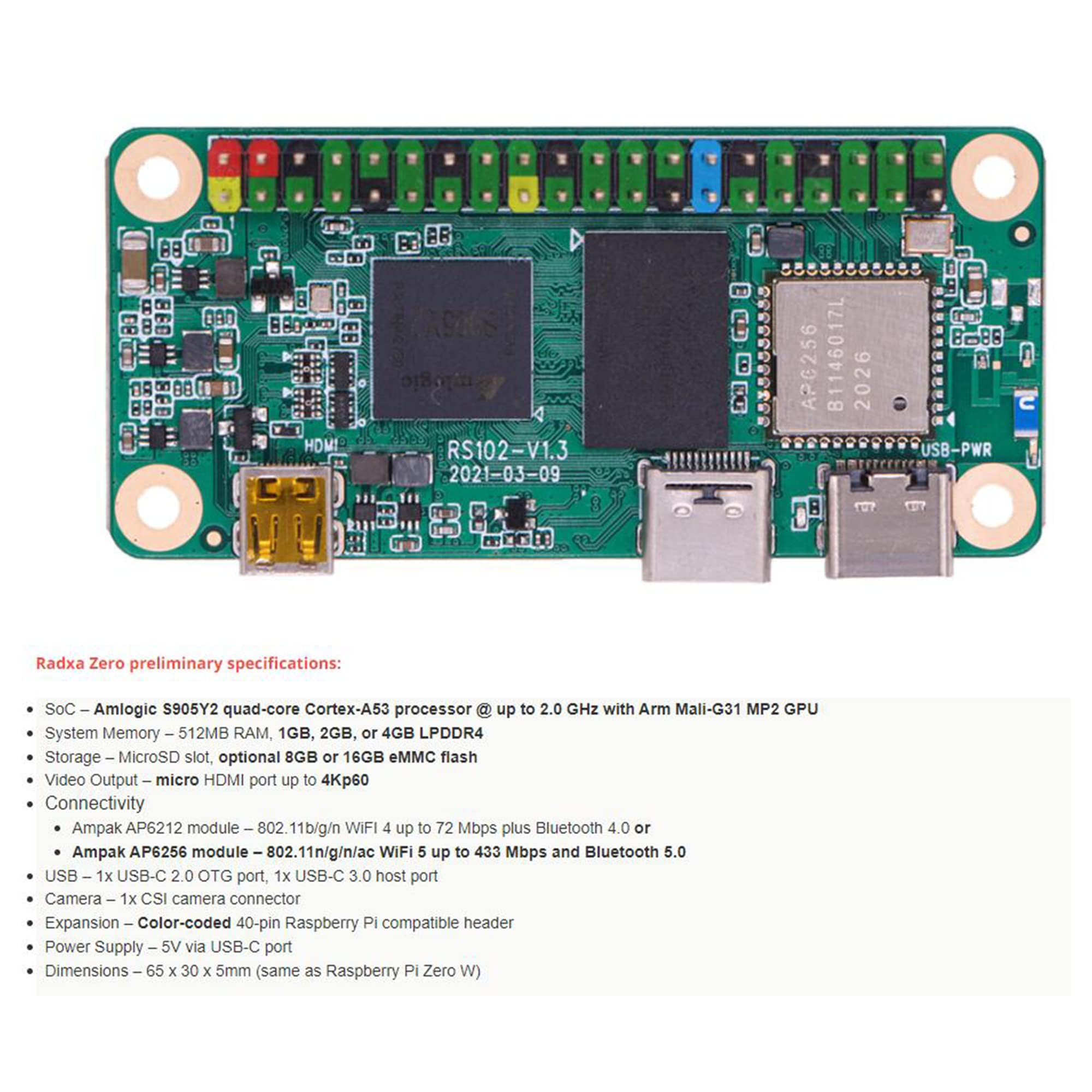 Radxa Zero Quad-core Mini Development Board, A Powerful Alternative to Raspberry Pi Zero W (2G Ram 8G Emmc)