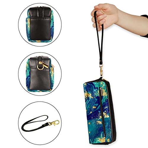 TropicalLife Turquoise Marbling Texture Golden Pencil Case, Portable Pu Leather Pencil Pen Case Pouch Bag with Zipper for Travel, School, Cosmetic Bag