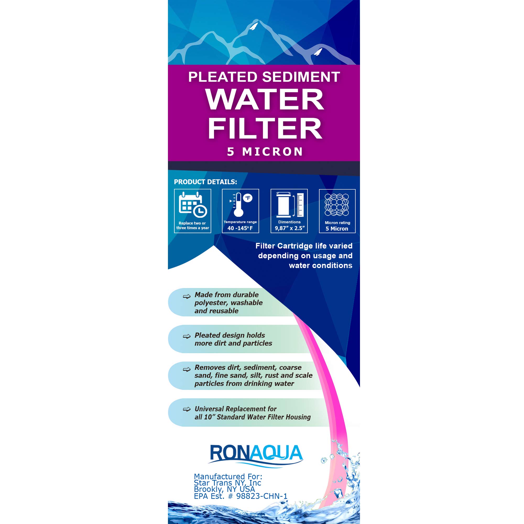 Ronaqua 6 Pleated Sediment Water Filter Cartridge 9.87βx 2.5β Amplified Surface Area, Removes Sand, Dirt, Rust, Extended Filter Life WELL-MATCHED with WHKF-WHPL, 801-50, WB-50W, WFPFC3002, SPC-25-1050