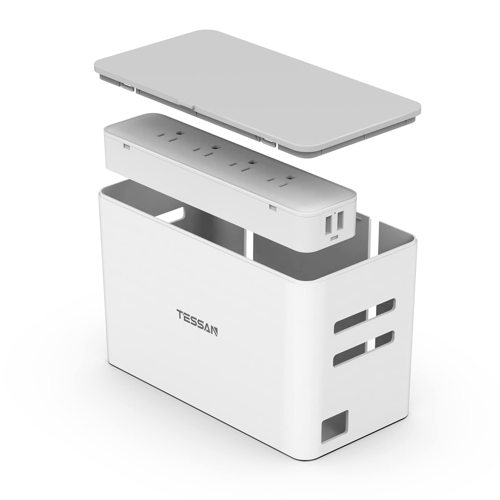 Power Strip with Cable Management Box, TESSAN 5 ft Flat Plug Extension Cord, 4 Outlets 2 USB Ports with Overload Switch, Mountable White Power Cord Organizer Charging Station for Dorm, Office, Home