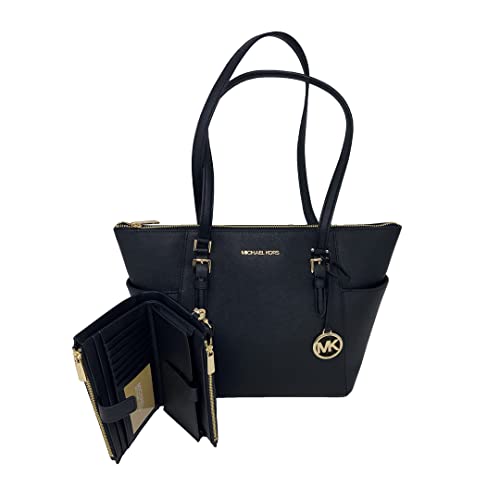 Michael Kors Jet Set Travel bundle with Trifold Wallet Handbag, satchel, Purse for Women, Convenient design and style, multiple pockets, saffiano Leather, Adjustable. Black