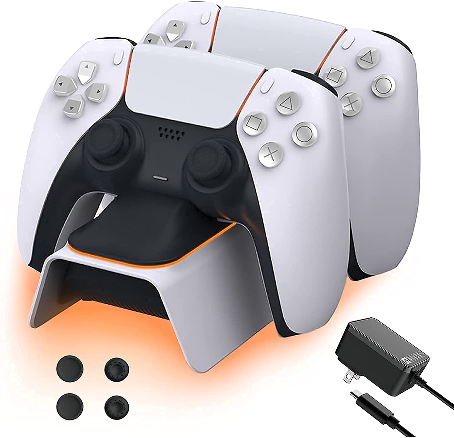 NexiGo PS5 Horizontal Stand with Controller Charger, [Minimalist Design], DualSense Charging Station with Thumb Grip Kit, Compatible with PlayStation 5 Disc & Digital Editions