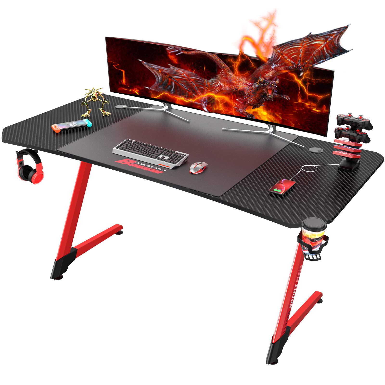 LEMBERI 63 inch Gaming Desk, Z-Shaped Computer Desk with Free Large Mouse Pad, Professional Game Work Station, PC Gamer Table with USB Gaming Handle Rack, Stand Cup Holder&Headphone Hook(63", Red)