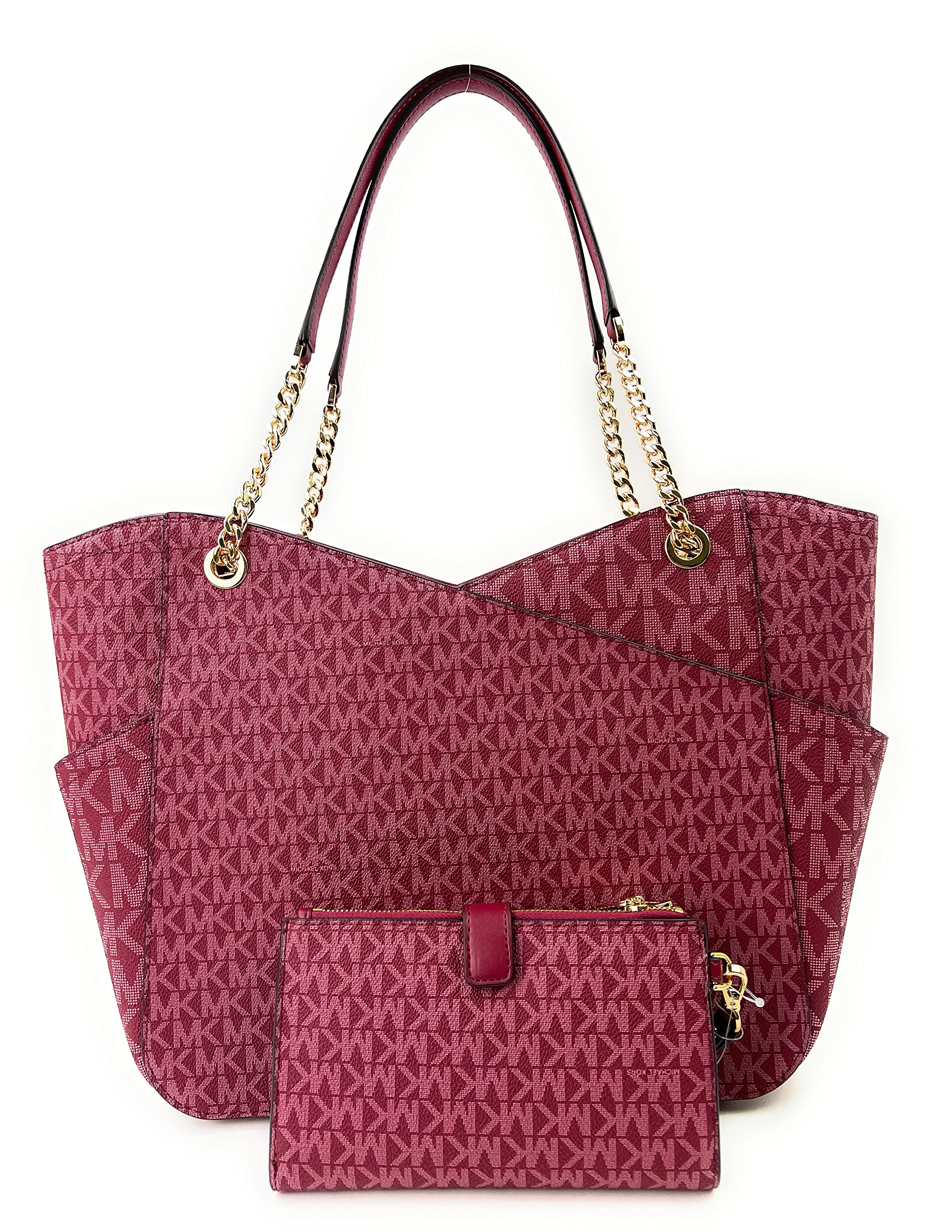 Michael Kors JS Travel Large Chain Shoulder Tote Bundled with Michael Kors Jet Set Travel Double Zip Wallet (Mulberry Multi)