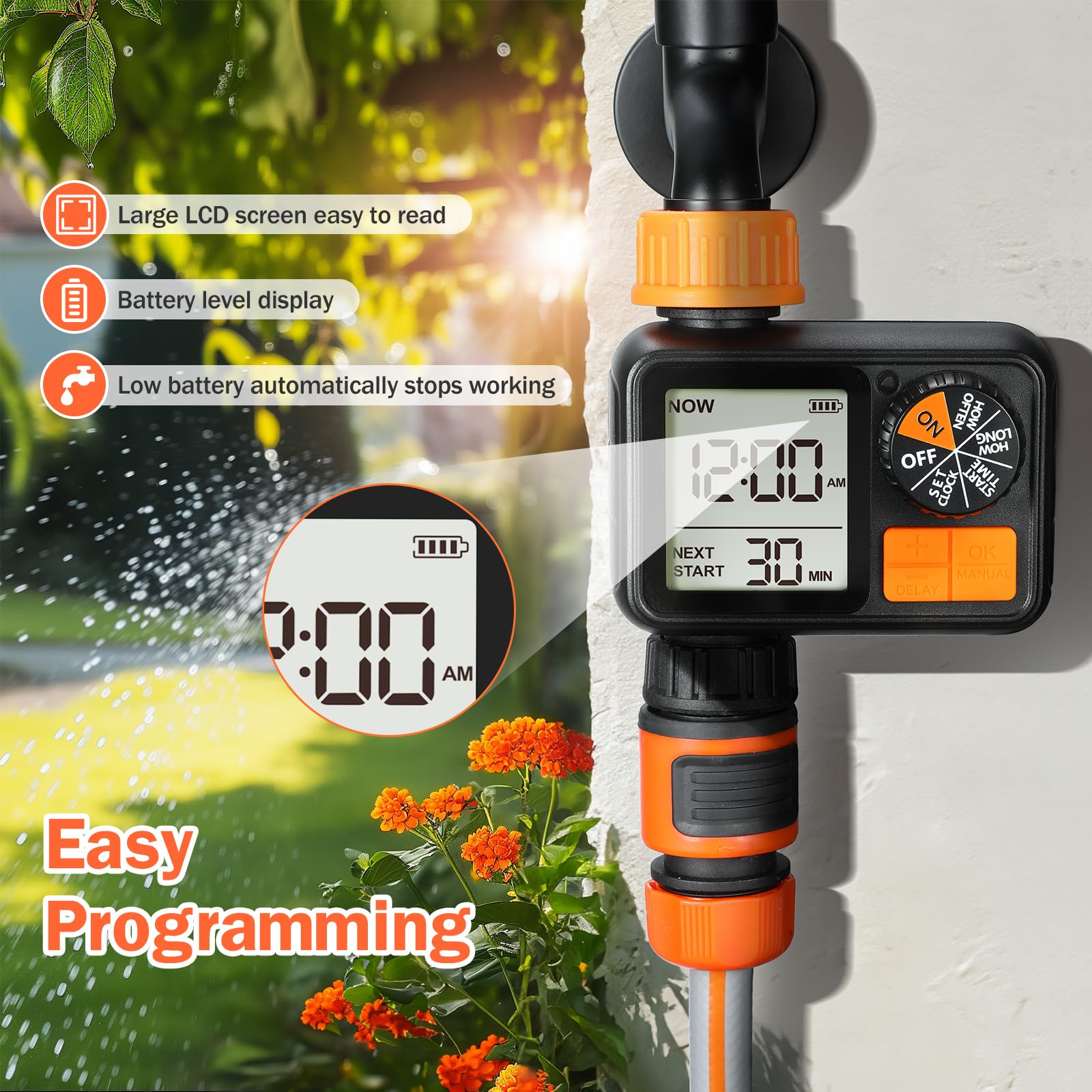 PISKOAN Sprinkler Timer,Water Timer Programmable Garden Outdoor Hose Feature Timer with Rain Delay/Manual/Automatic Watering System for Lawns Pool (1 Outlet)